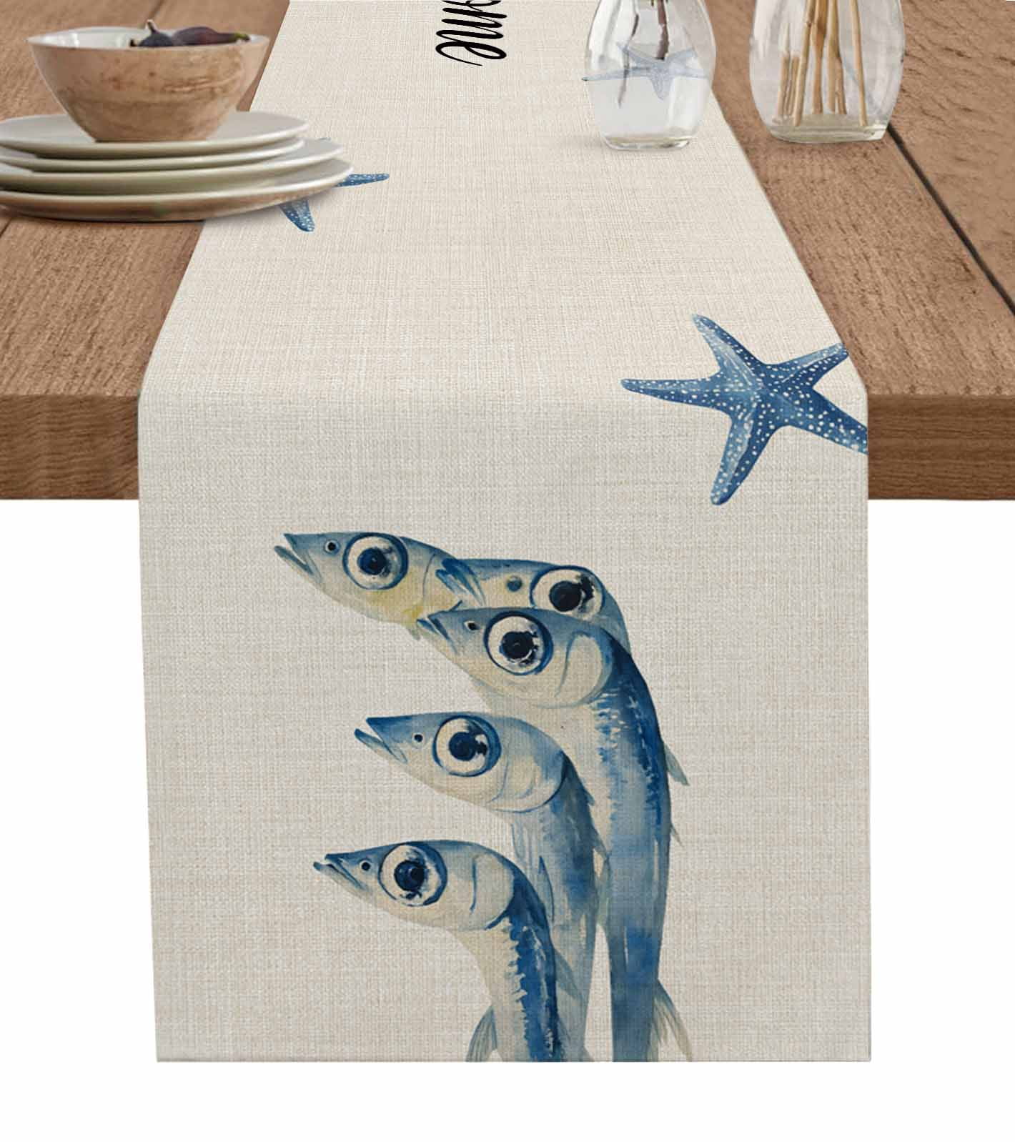 Ocean Fishes Table Runner 90 Inches, Underwater Animal Starfish Retro ...