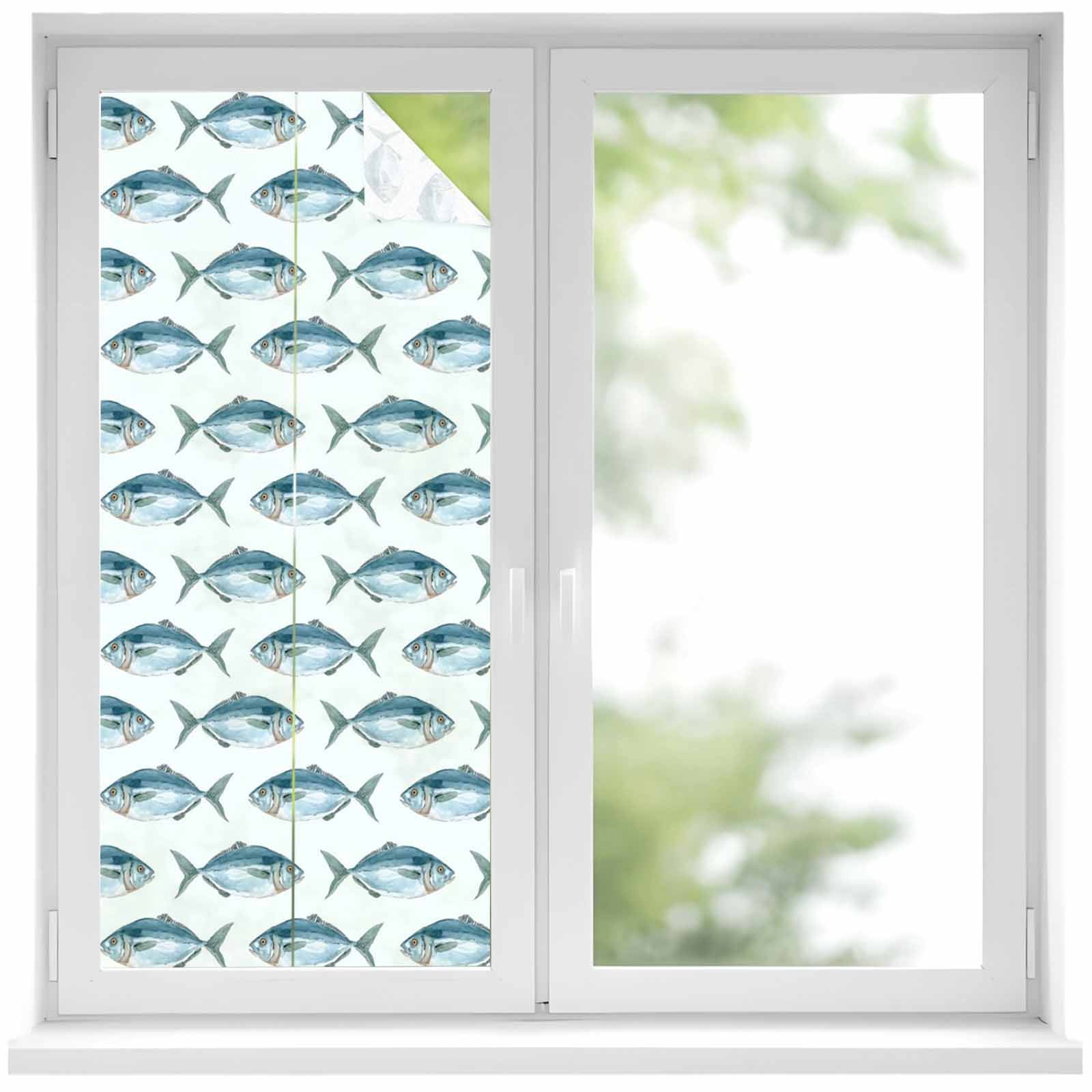 Ocean Fishes Window Privacy Film, Summer Watercolor Coastal Marine ...