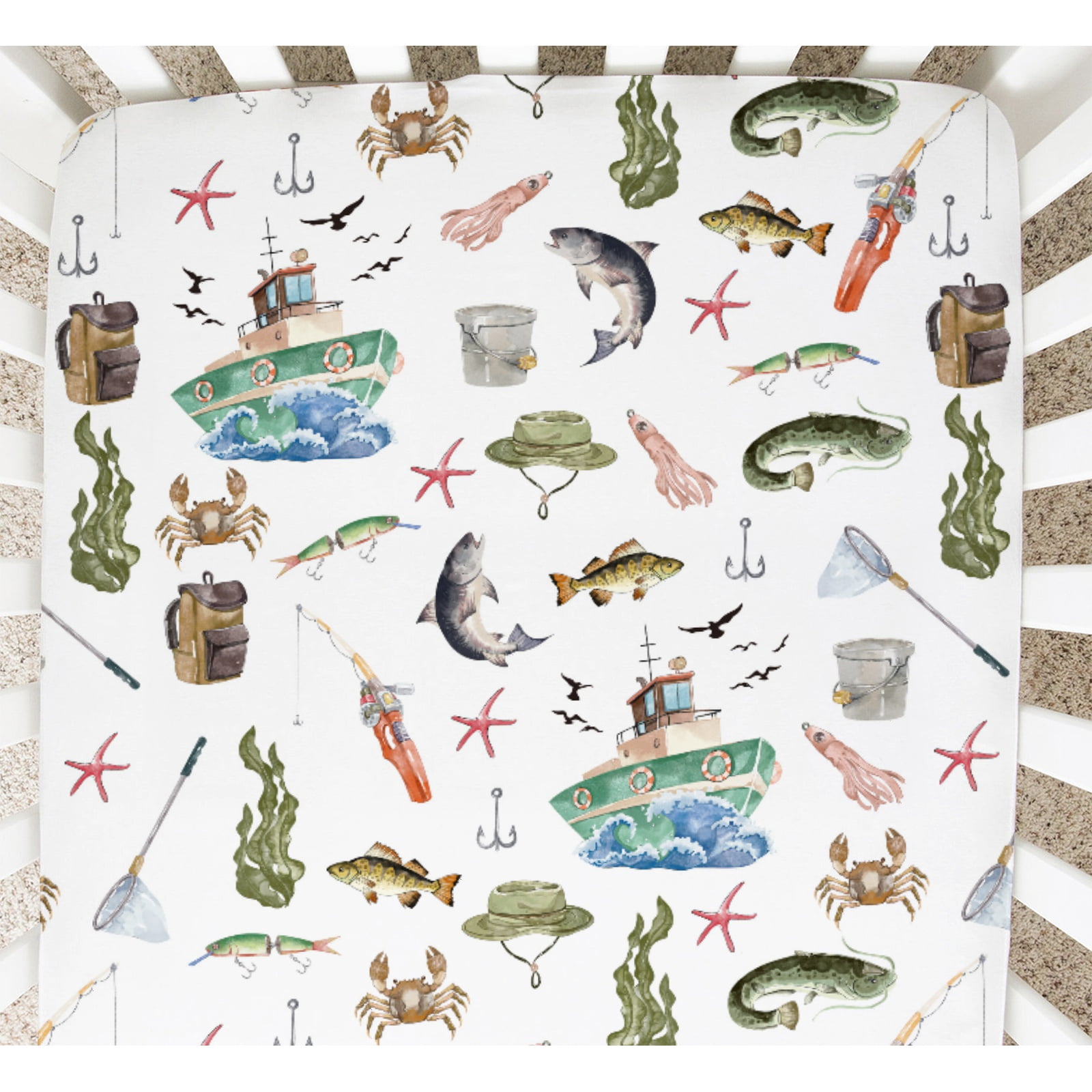 Ocean Fishing Baby Crib Sheet for Girl Boy Sea Fishes Boat Crabs ...