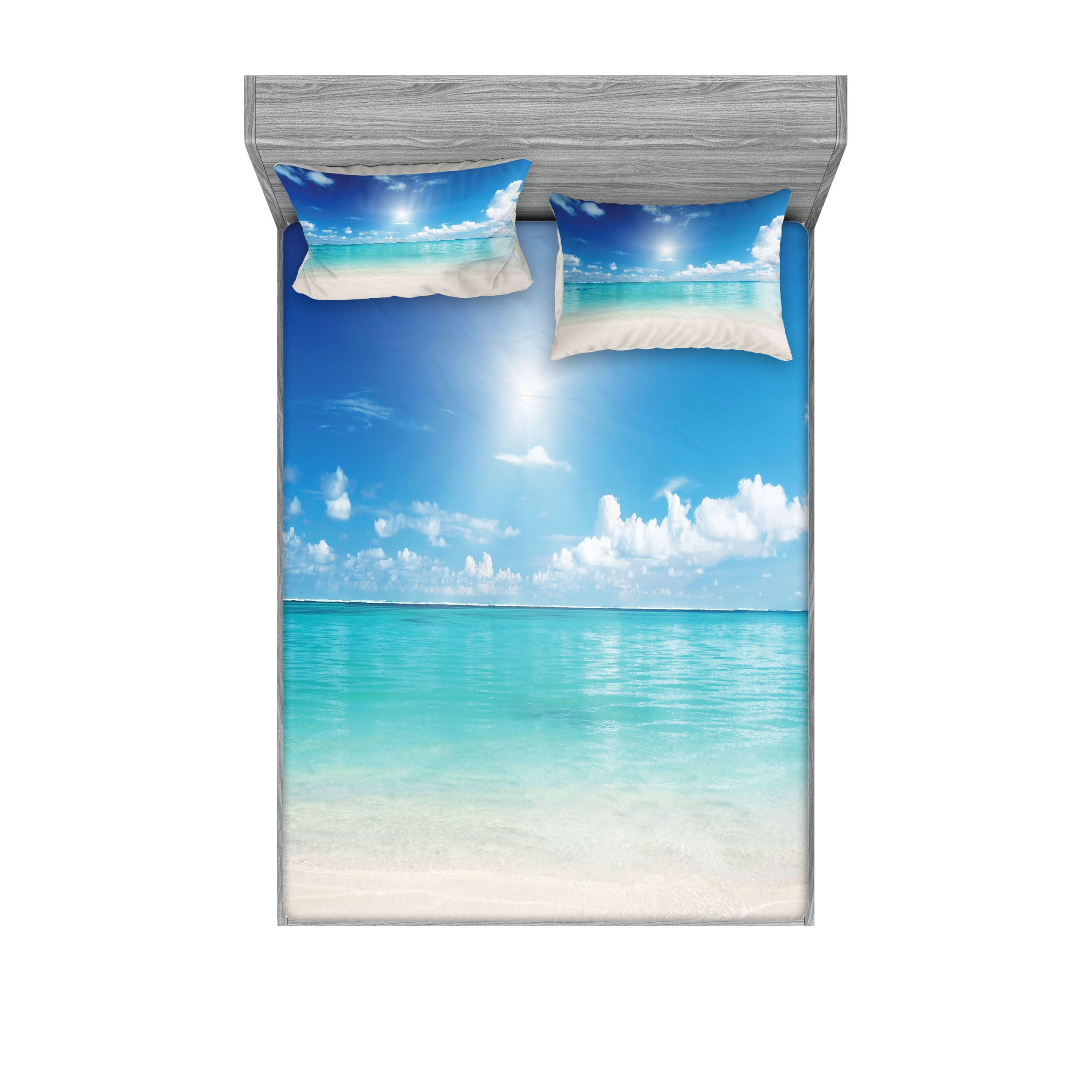 Ocean Fitted Sheet & Pillow Sham Set, Sky and Sea Landscape Sand ...