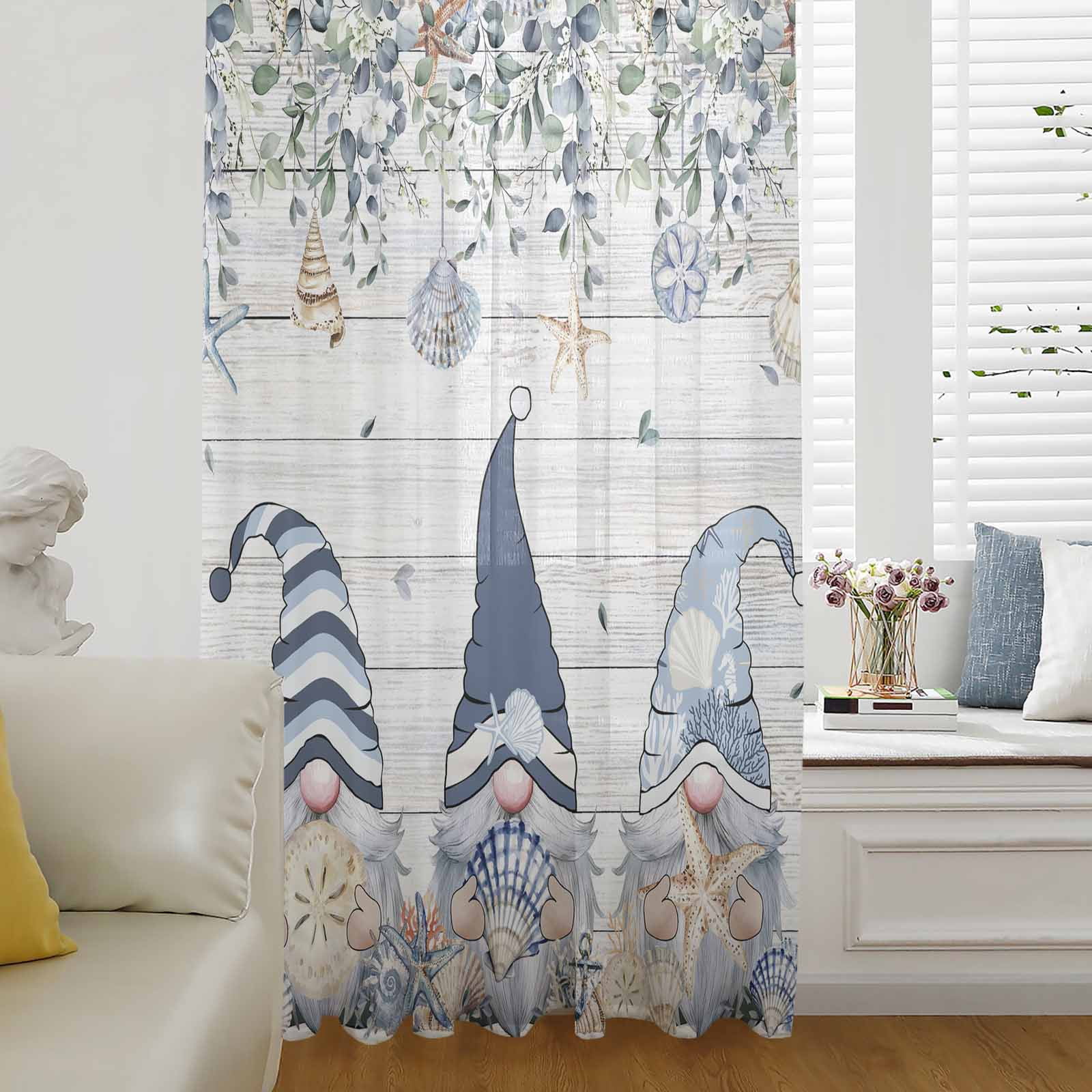 Ocean Gnomes Window Curtain 96 Inches Long,Blue Eucalyptus Shell ...