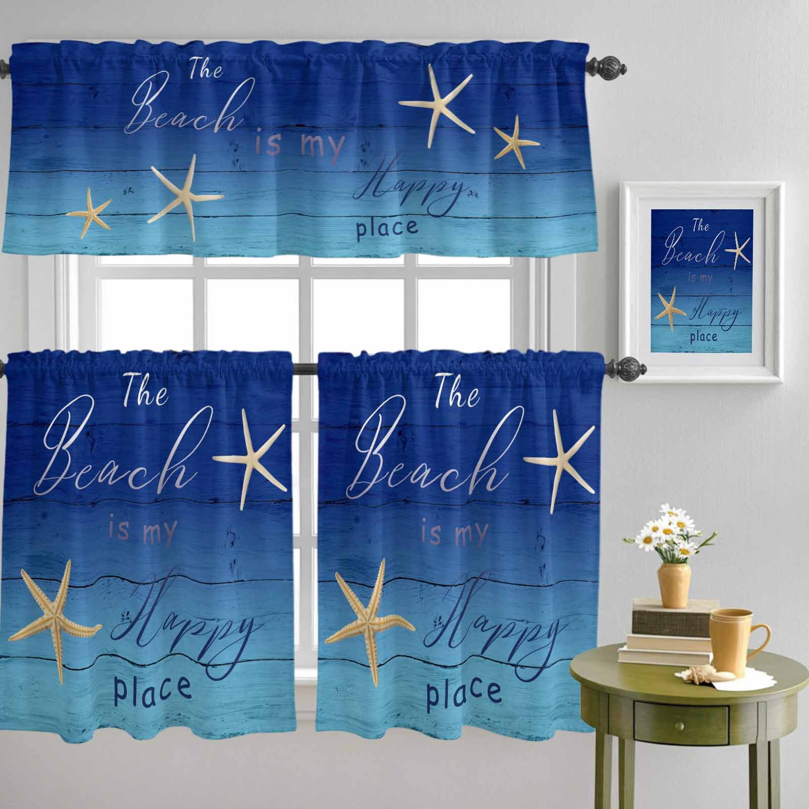 Ocean Happy Beach Place Words Curtain Tier and Valance Set 3 Piece ...