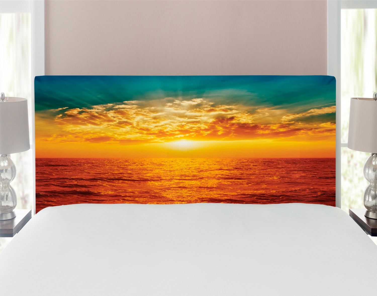 Ocean Headboard, Sunset Clouds Exotic Seaside with Sun Rays Evening ...