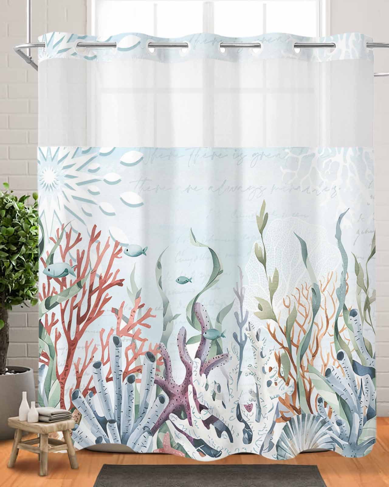 Ocean No Hook Shower Curtain with Snap in Liner, Coral Starfish ...