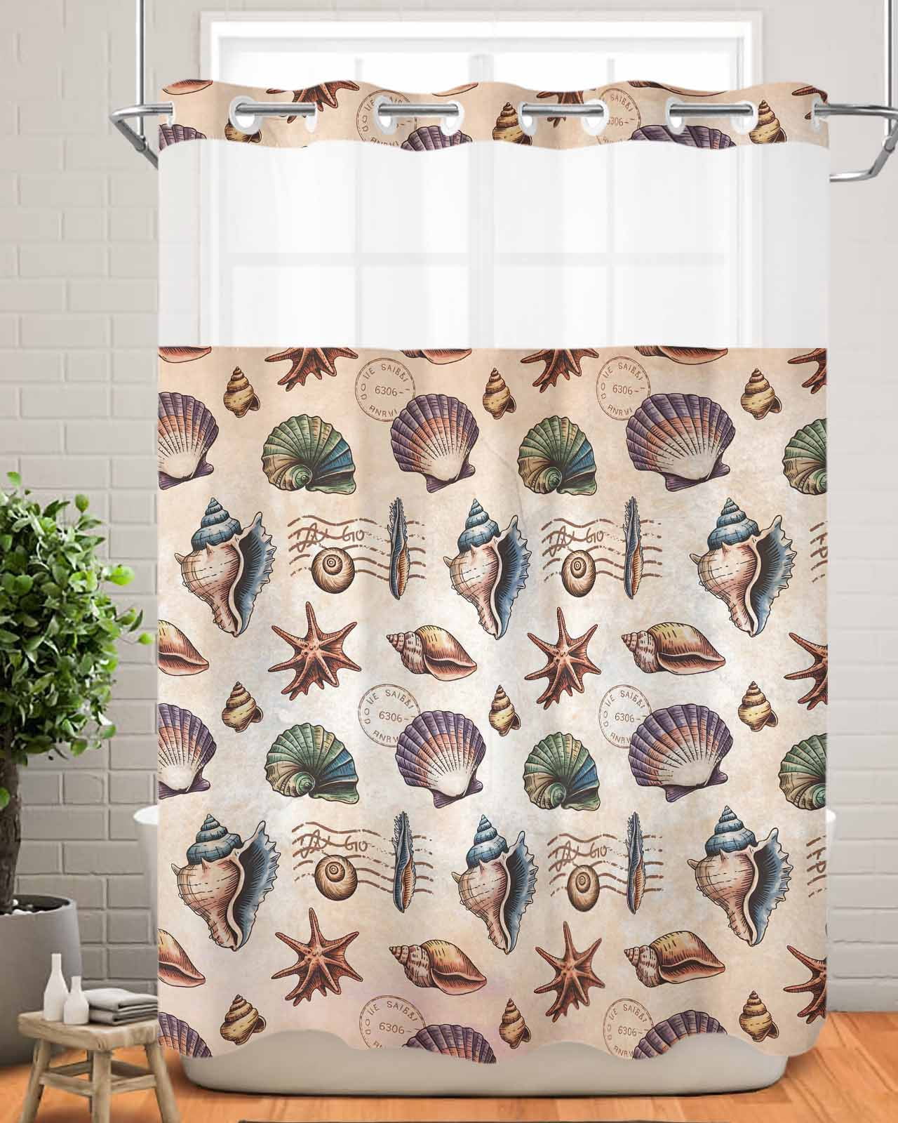 Ocean No Hook Shower Curtain with Snap in Liner, Vintage Conch Shell ...