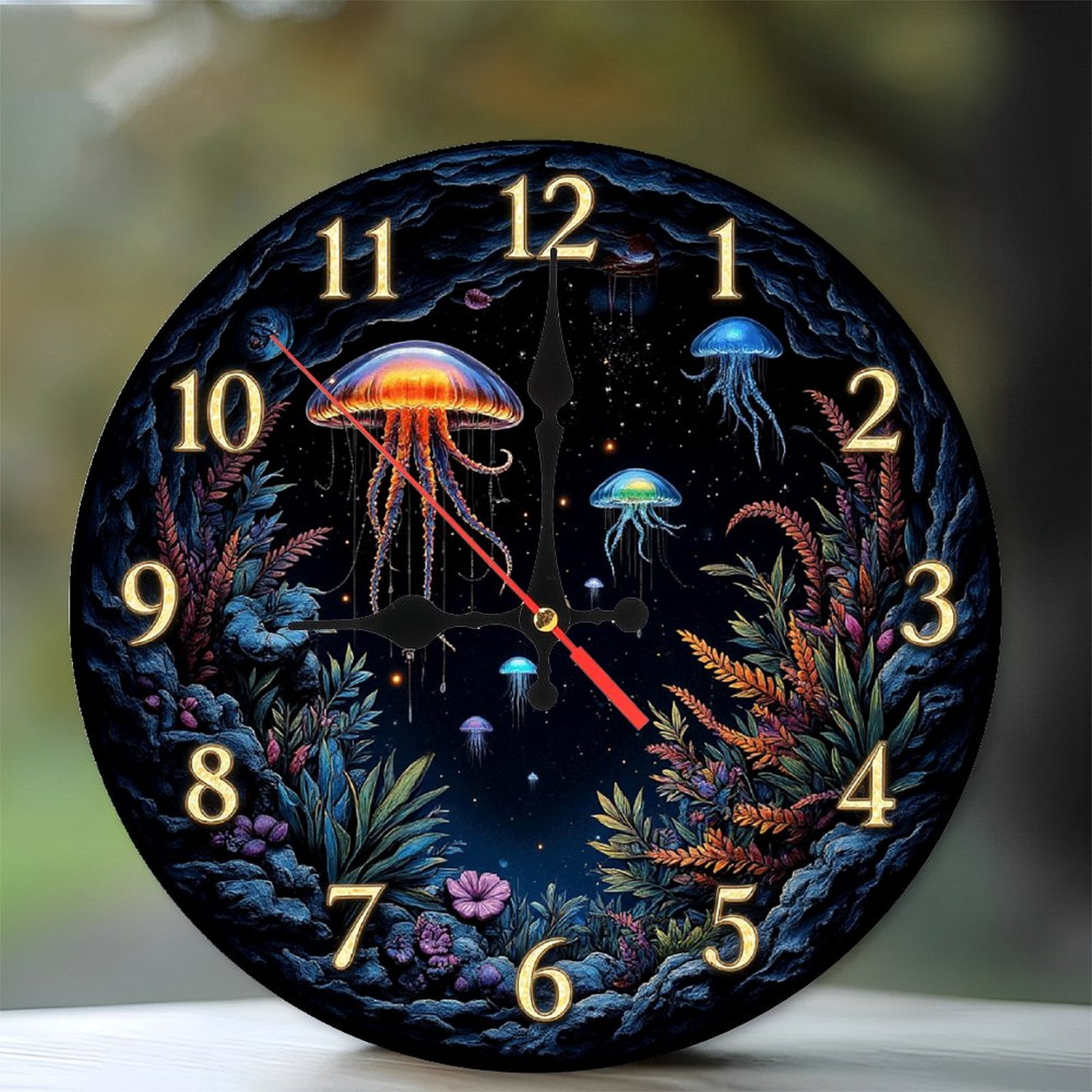 Ocean Jellyfish Clock Wall Art Decor 10-Inch Silent Wooden Wall Clock ...