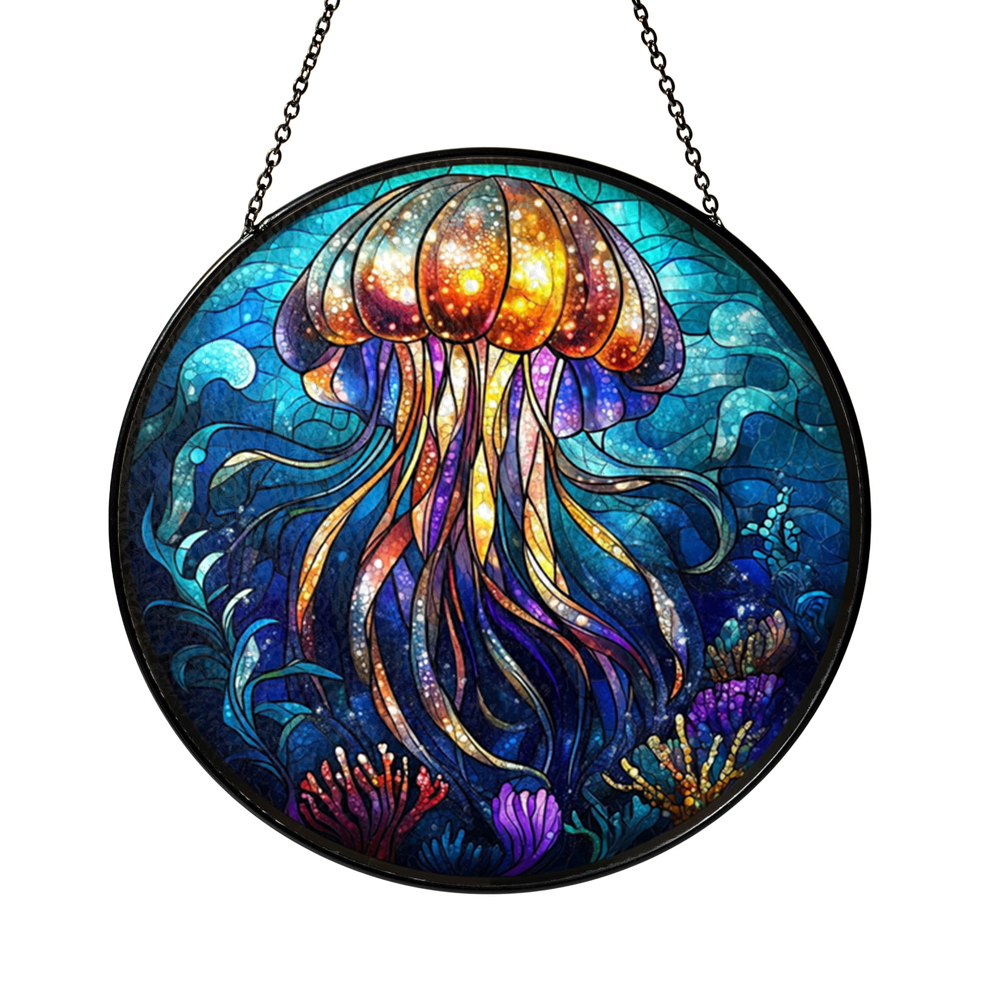 Ocean Jellyfish Decorative Suncatcher Panel, Coastal Window Hanging Art ...