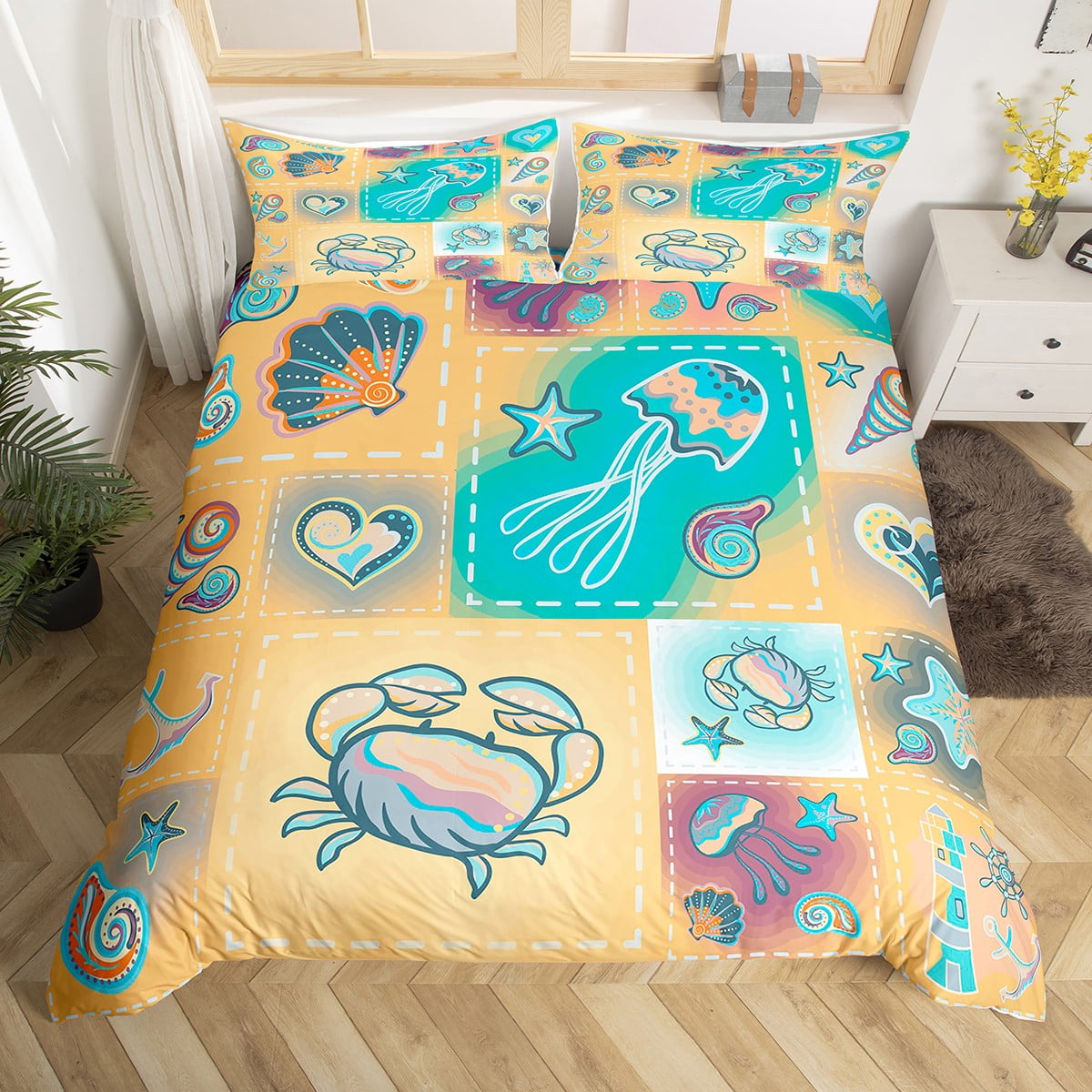 Ocean Jellyfish Duvet Cover Crab Full Bedding Set for Boys Kids Child Girls,Patchwork Starfish ...