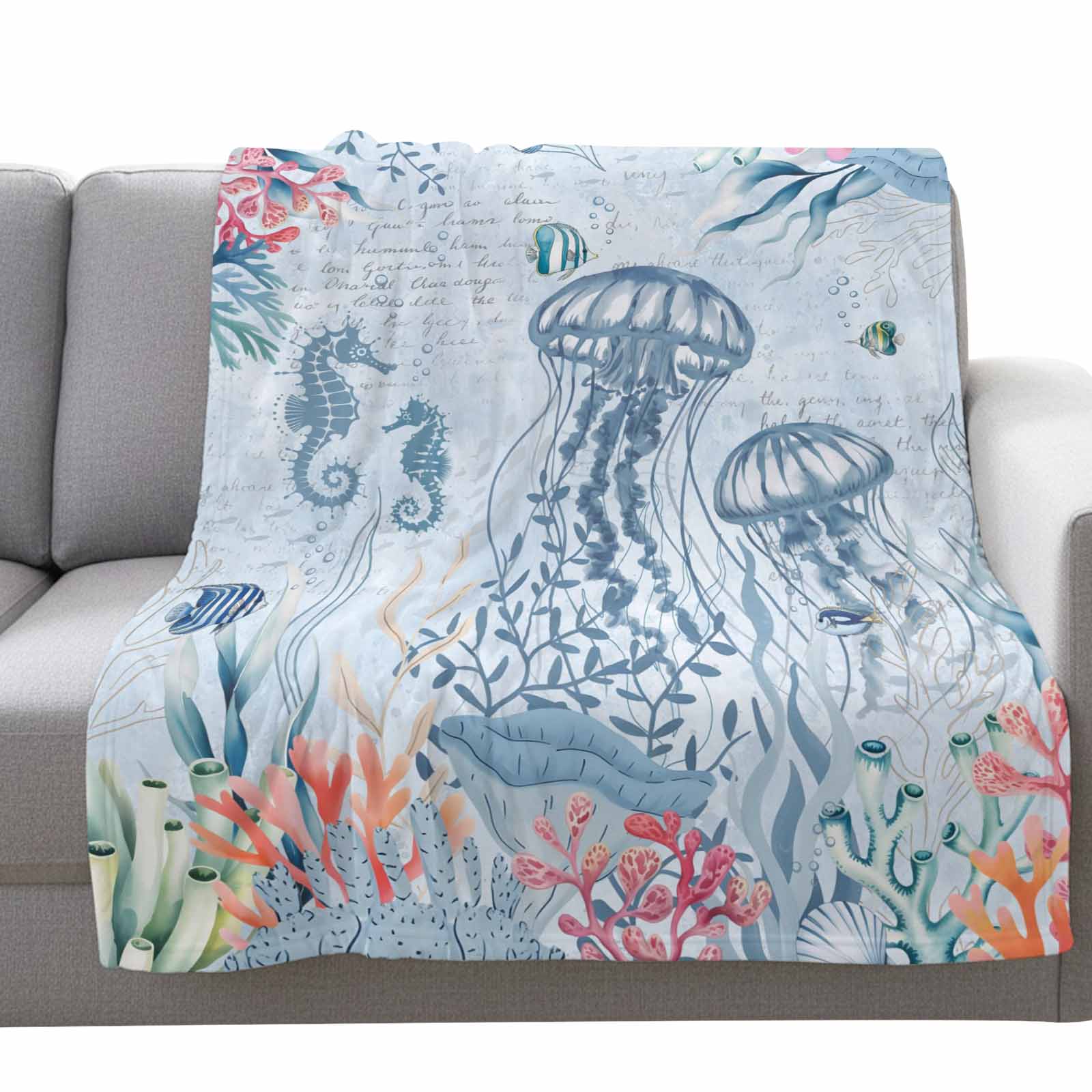 Ocean Jellyfish Fleece Throw Blanket Lightweight Watercolor Seaweed Sea ...