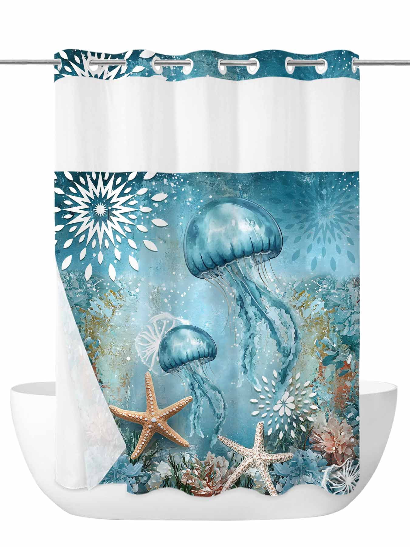 Ocean Jellyfish No Hook Shower Curtain and Liner Set Marine Life ...
