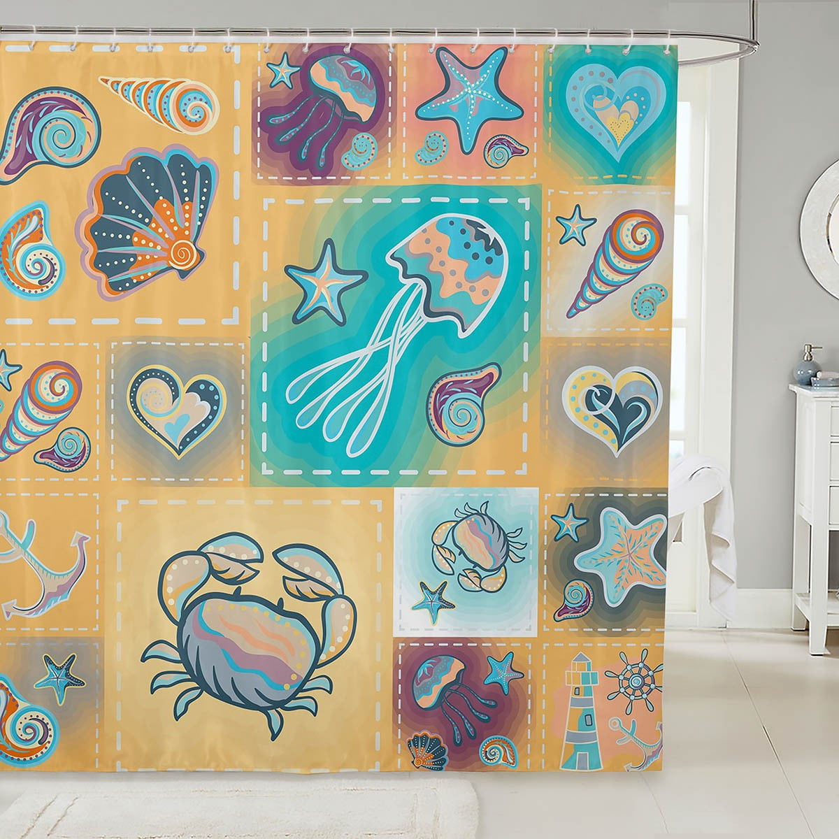 Ocean Jellyfish Shower Curtain Crab Bath Curtain,Patchwork Starfish ...