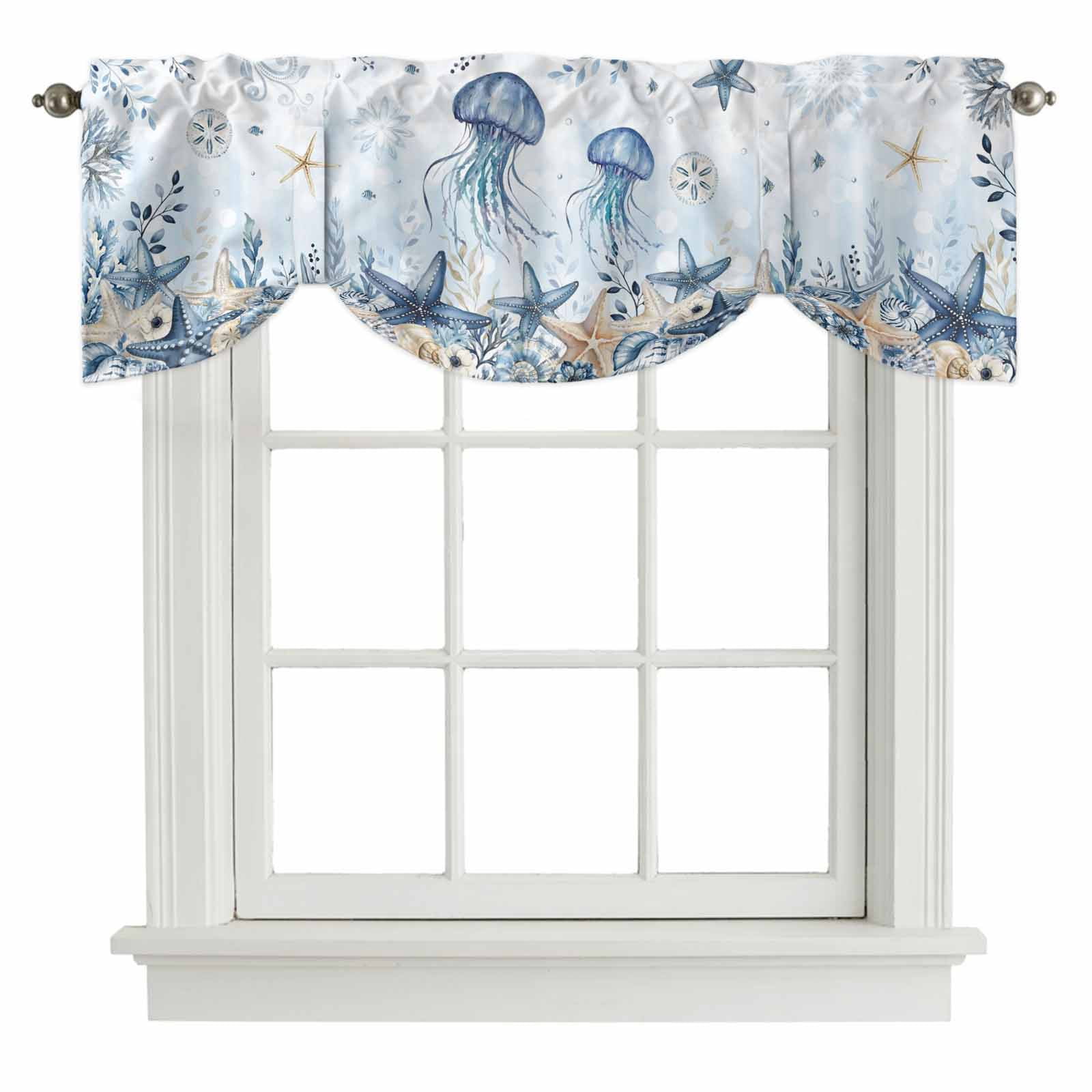 Ocean Jellyfish Tie Up Valance Curtains Blue Yellow Sea Star Shell ...