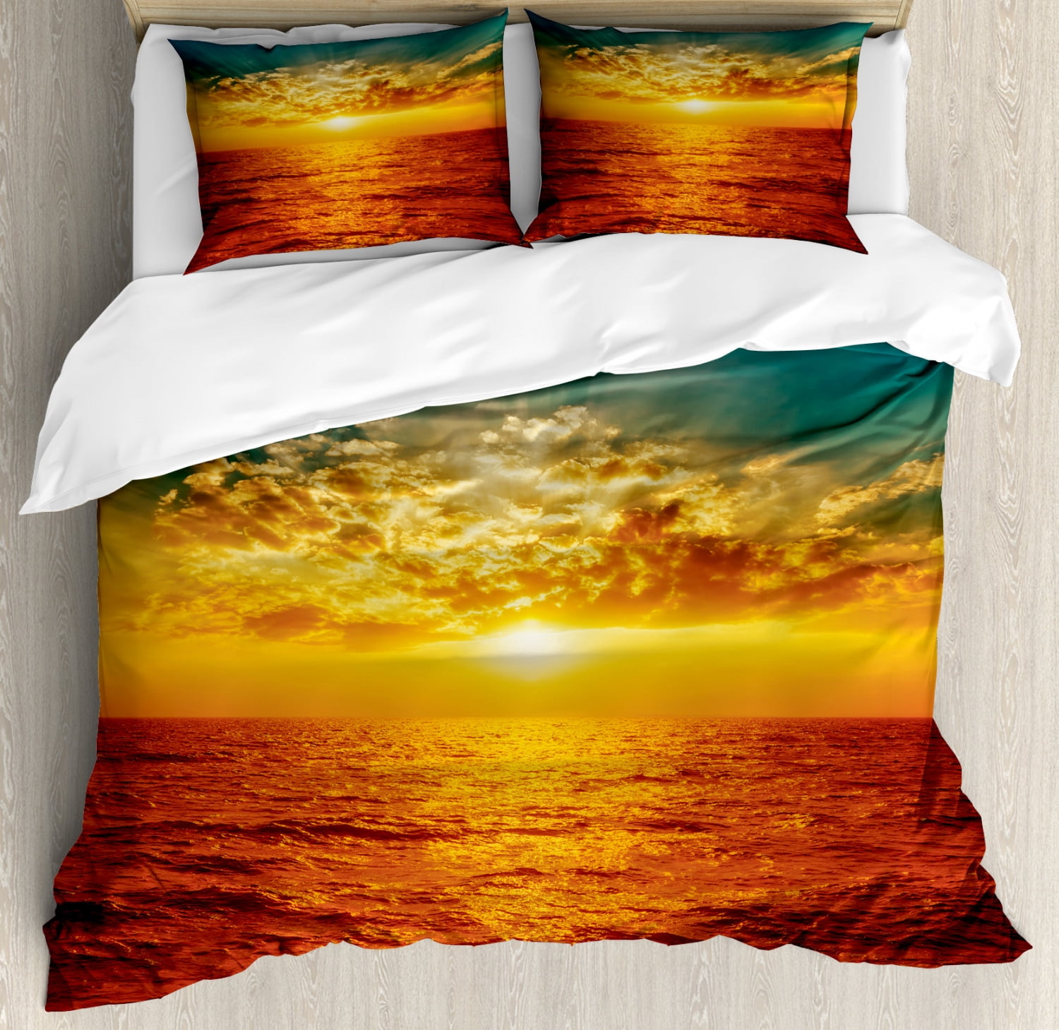 Ocean King Size Duvet Cover Set, Sunset Clouds Exotic Seaside with Sun ...