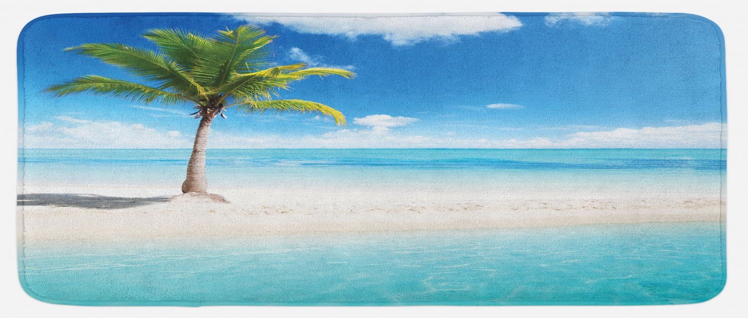 Ocean Kitchen Mat, Idyllic Scenery Seashore Picture Sun Rays View with ...