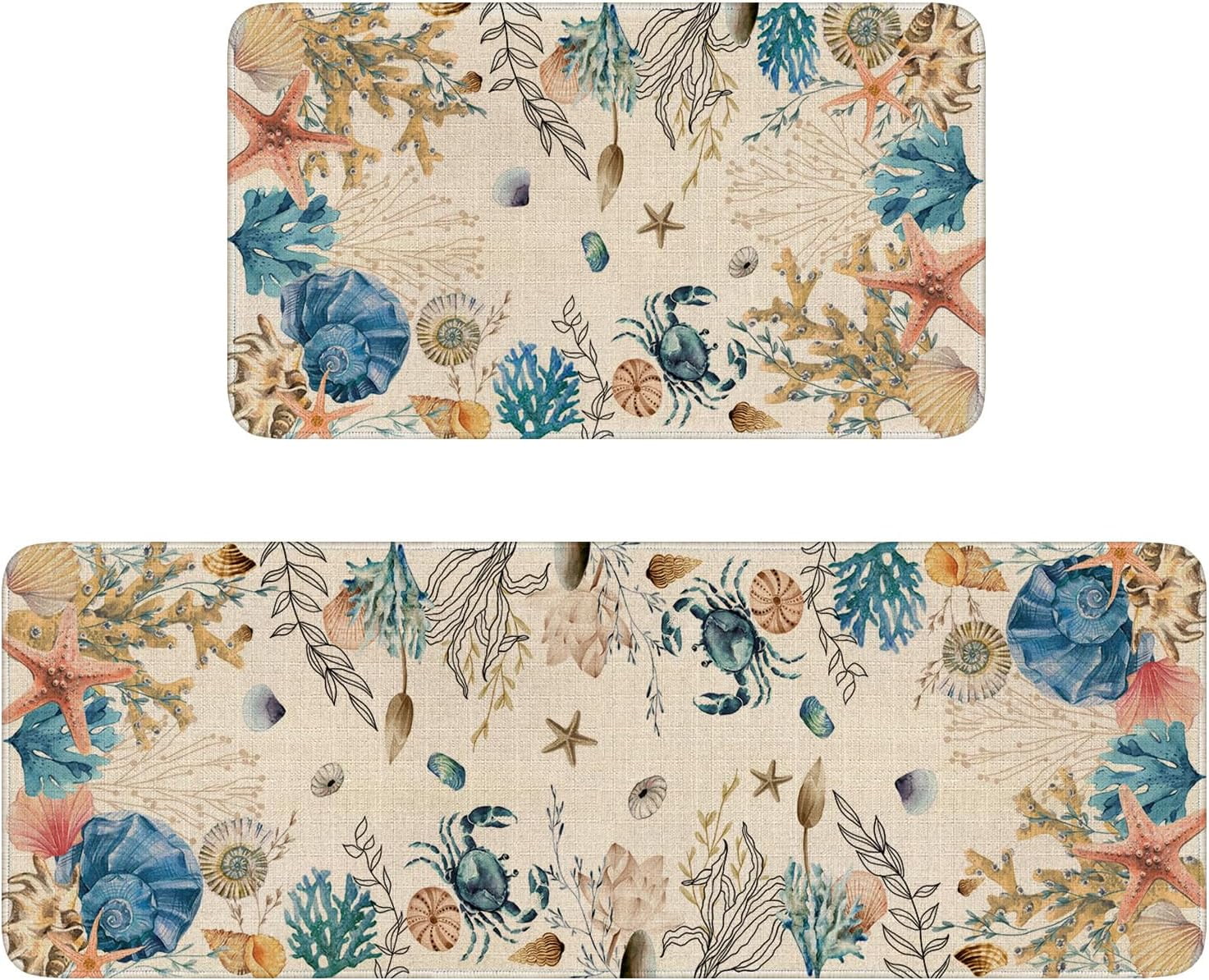 Ocean Kitchen Rugs Set of 2, Nautical Kitchen Mats for Floor, Coastal ...