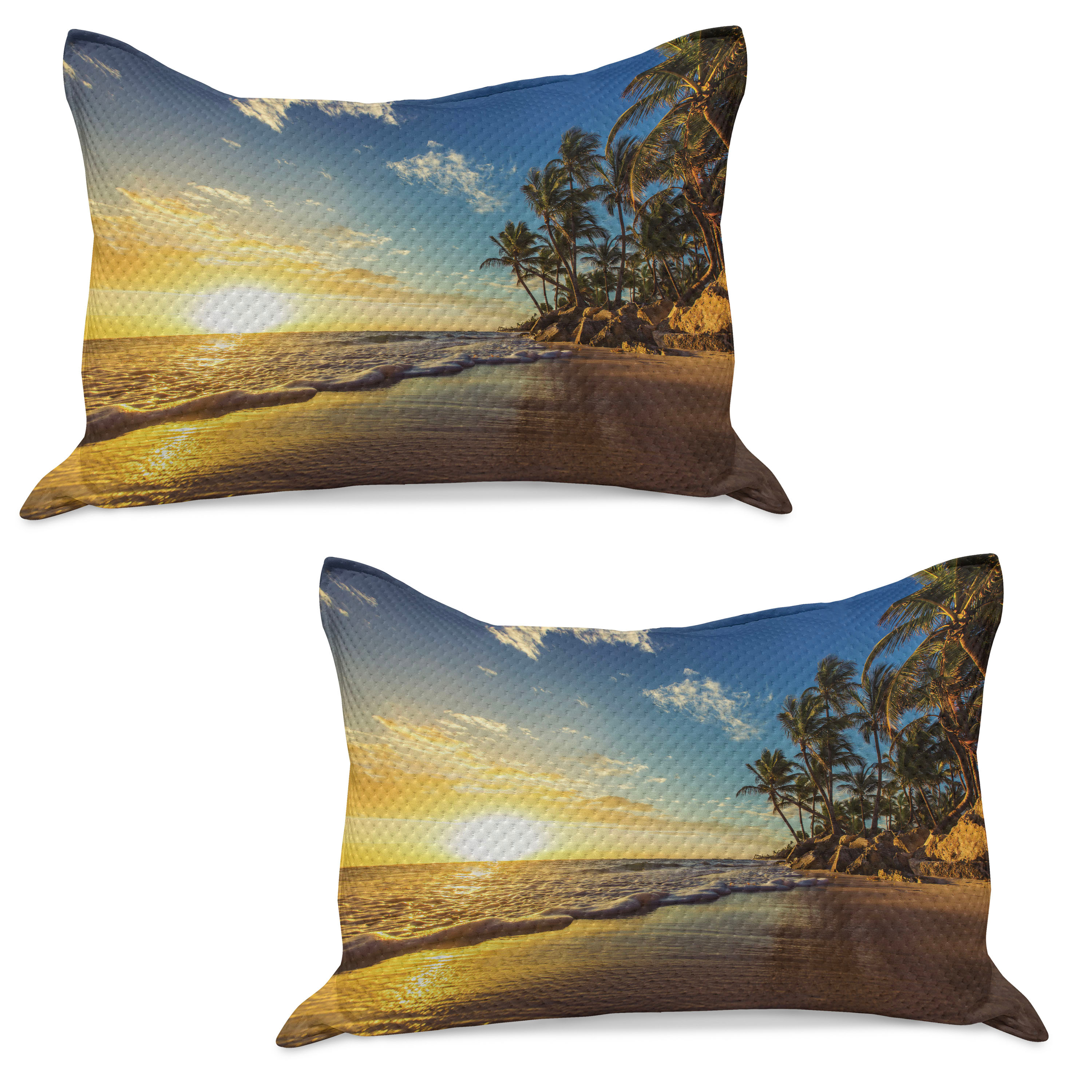 Ocean Knitted Quilt Pillowcover Set of 2, Image of Palm Trees on Exotic ...