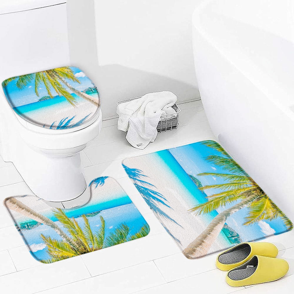 Ocean Landscape Bath Mat Set Beach Coconut Tree Wooden Bridge Hawaiian ...