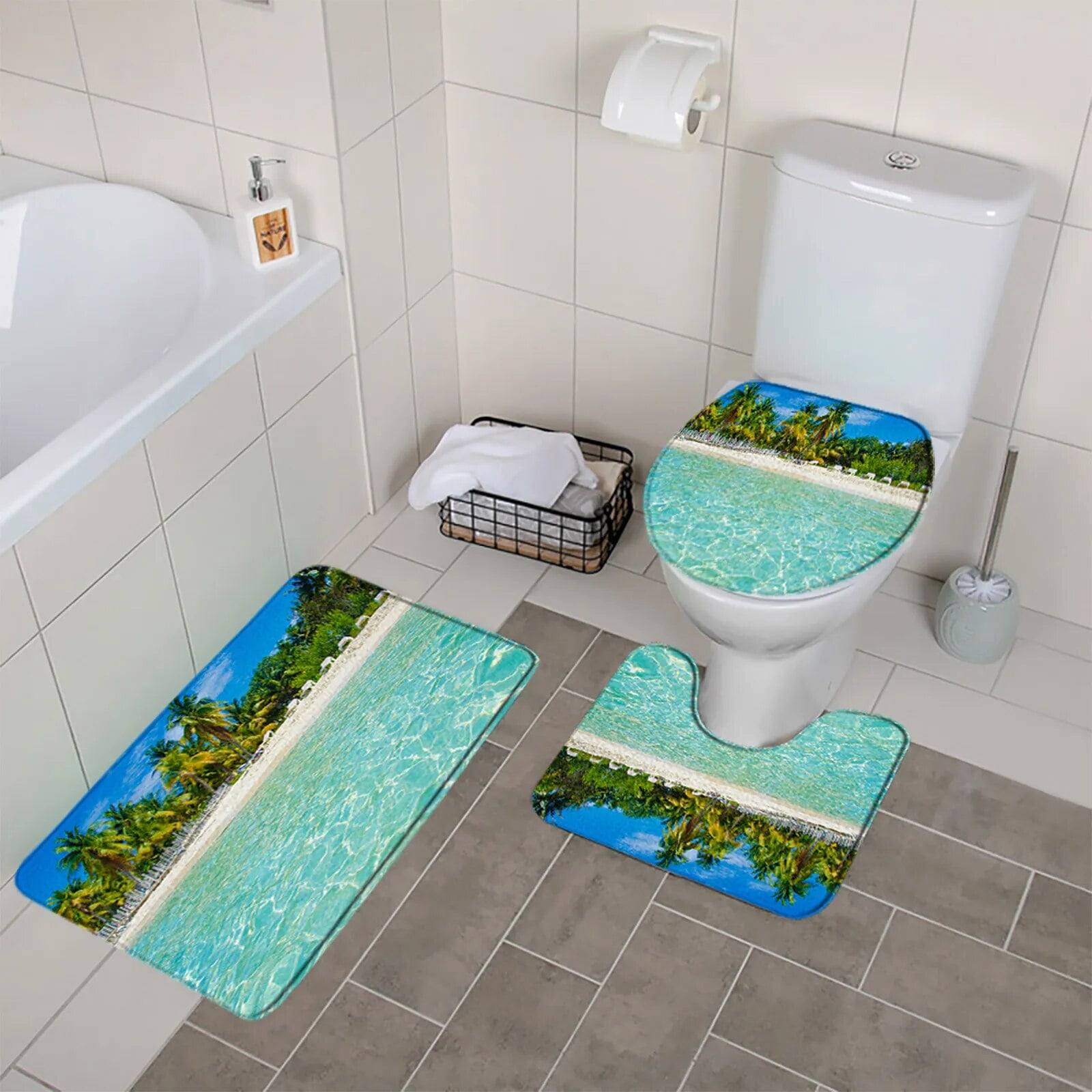 Ocean Landscape Bath Mat Set Tropical Beach Palm Trees Scenery Bath ...
