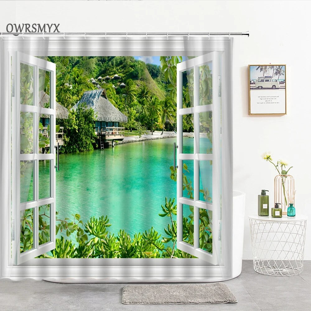 Ocean Landscape Outside The Balcony Shower Curtains Natural Scenery Home Bath Decor Curtain Bath ...