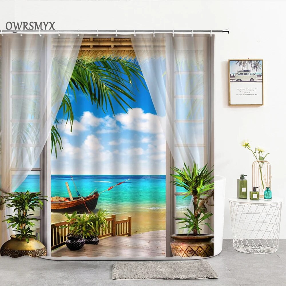 Ocean Landscape Outside The Balcony Shower Curtains Natural Scenery Home Bath Decor Curtain Bath ...