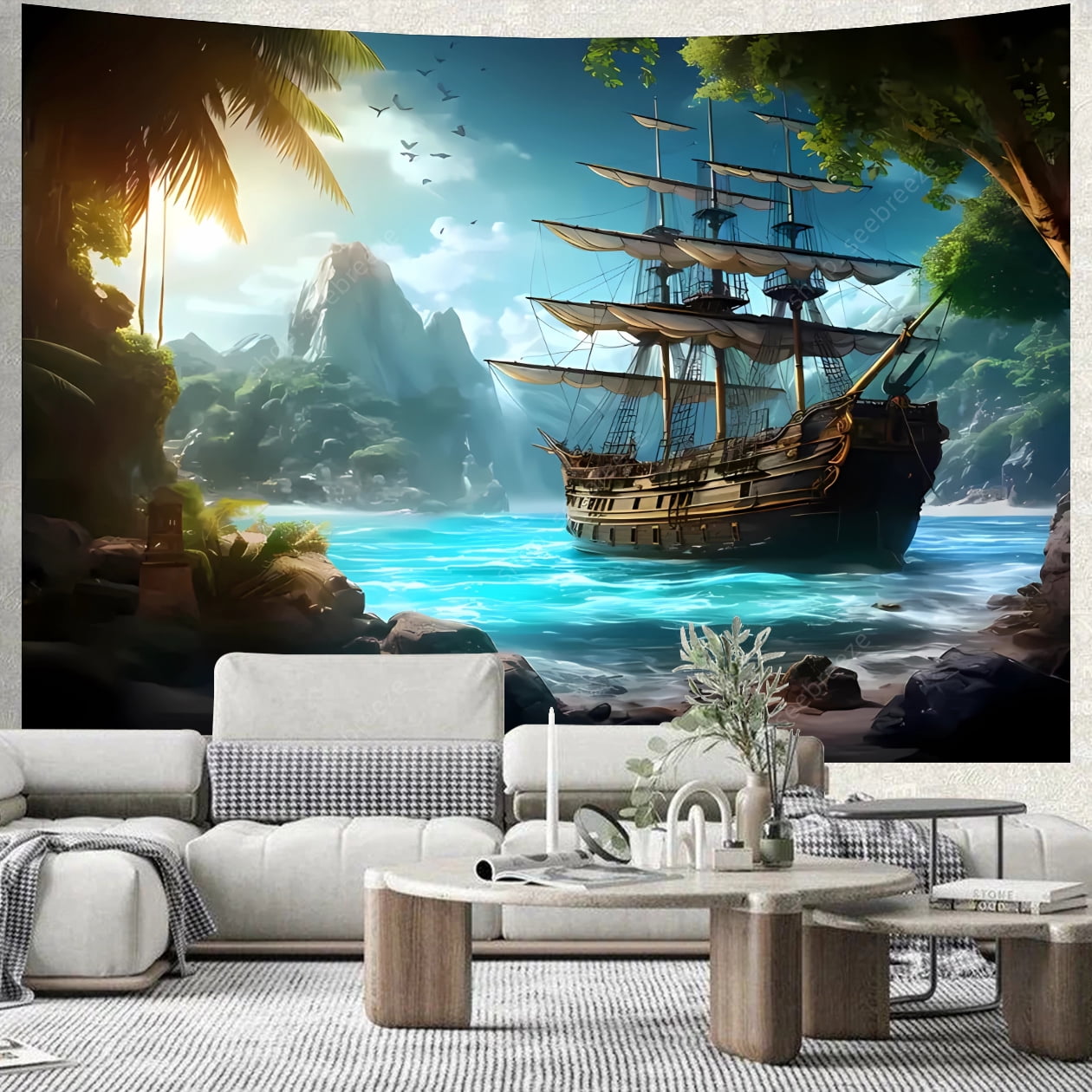 Ocean Landscape Pirate Ship Sailboat Tapestry Mystic Night Tapestry ...