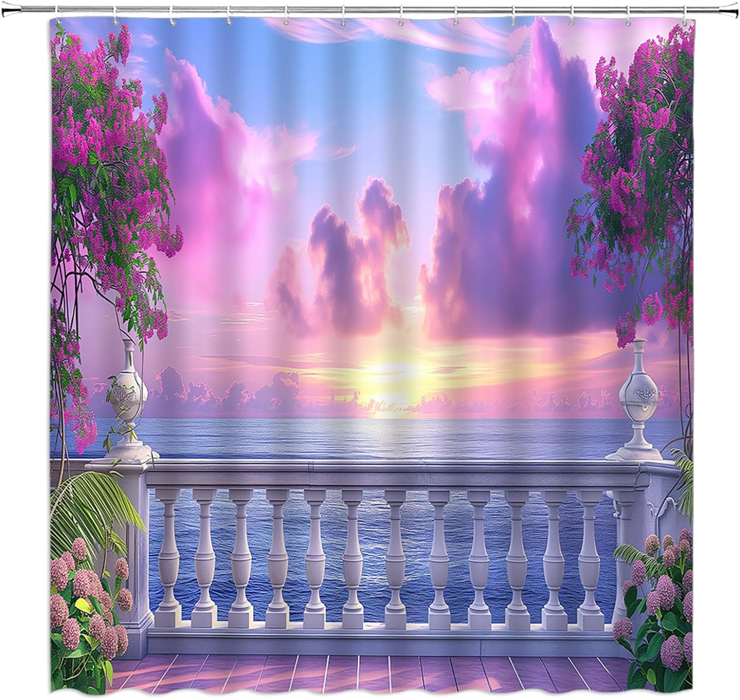 Ocean Landscape Rv Shower Curtain Blue Ocean Sunset Purple Floral Beach ...