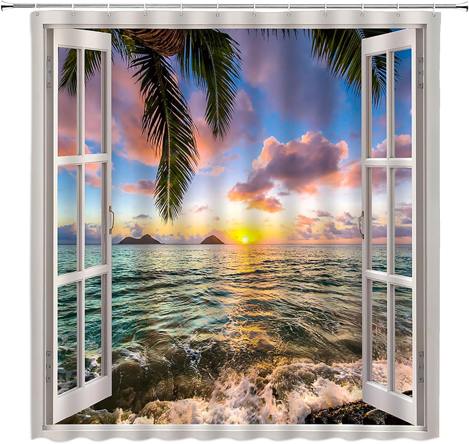 Ocean Landscape Rv Shower Curtain Sea Wave Sunset Sunrise Palm Leaves ...
