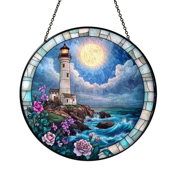 Ocean Landscape Stained Glass Style Window Suncatcher, Lighthouse Art ...