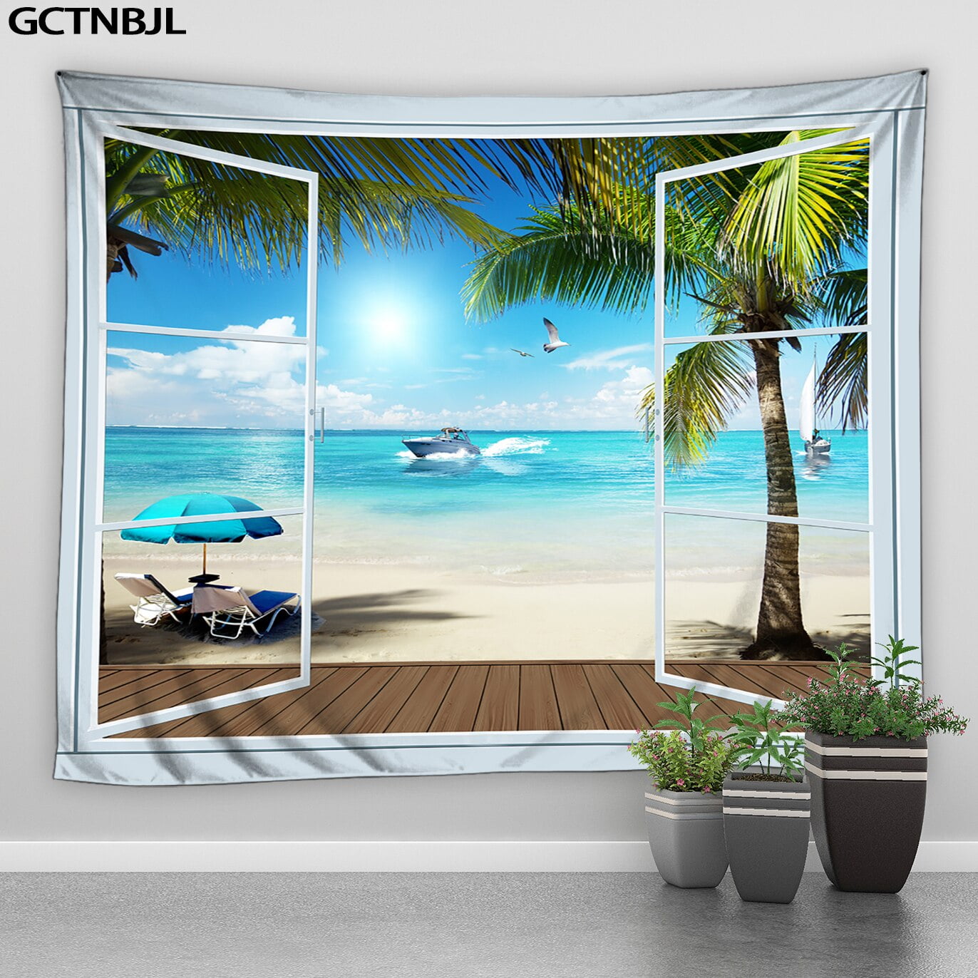 Ocean Landscape Tapestry Wall Hanging Tropical Palm Tree Scenic Summer ...