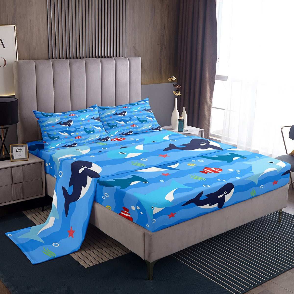Ocean Life Bed Sheets Set, Cartoon Shark Whale Sheets Full, Colorful ...