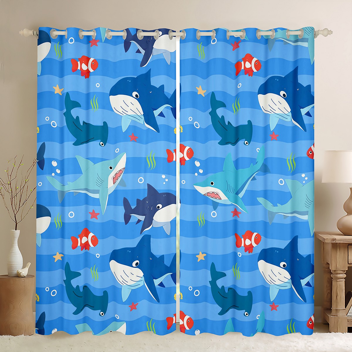 Ocean Life Blackout Curtains, Cartoon Shark Whale Window Curtains 42 ...