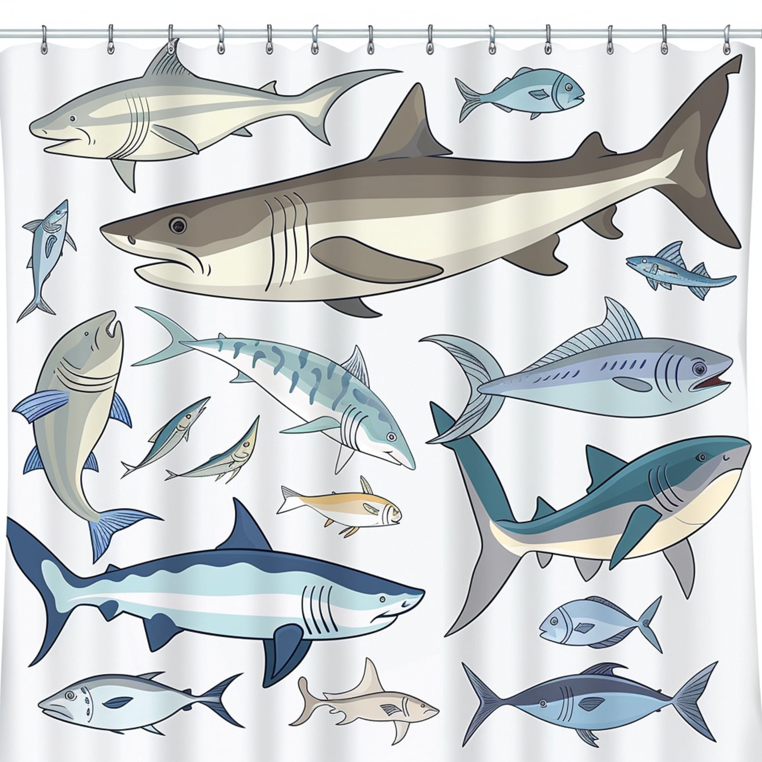 Ocean Life Cartoon Fish and Shark Shower Curtain Design - Vector ...