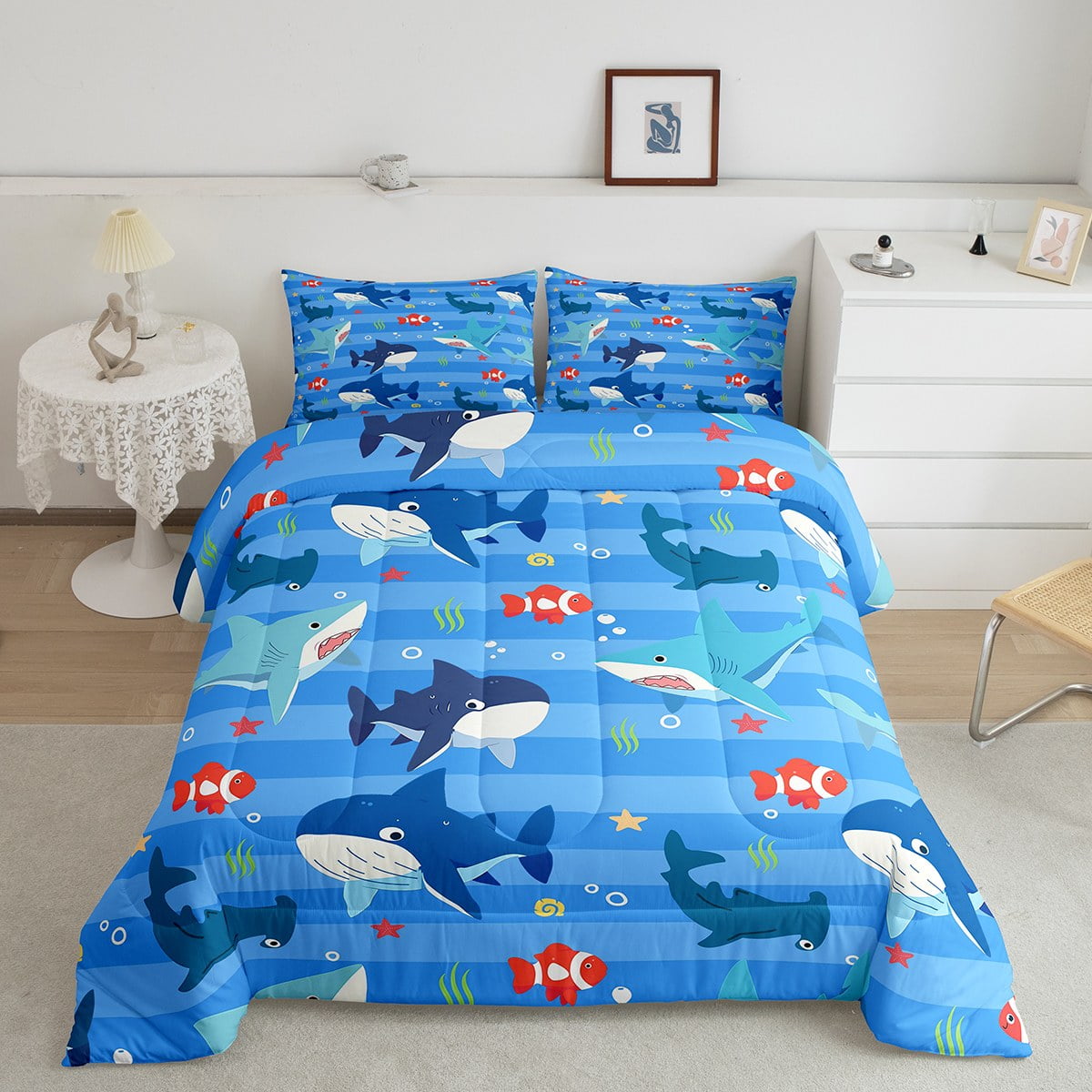 Ocean Life Comforter Set, Cartoon Shark Whale Bedding Comforter Sets ...