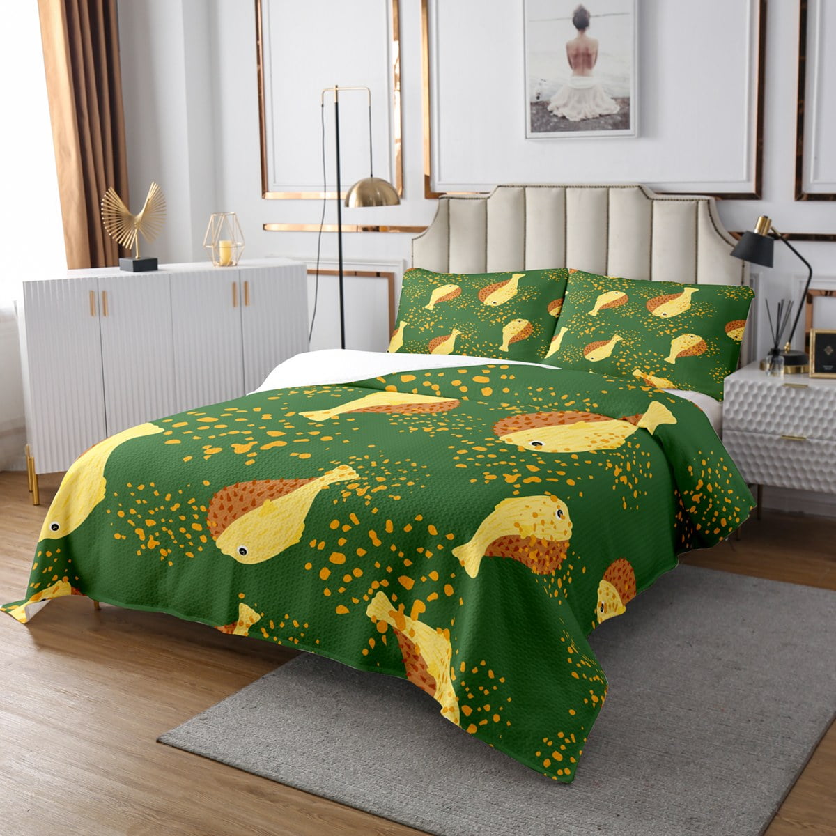 Ocean Life Coverlet Set Queen Size,Cartoon Doodle Puffer Fish Quilt Set ...