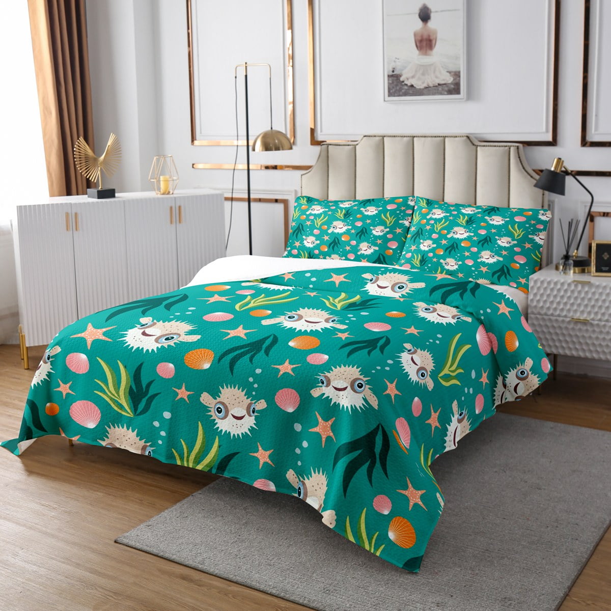 Ocean Life Coverlet Set Twin Size,Cute Cartoon Sea Animal Pufferfish ...