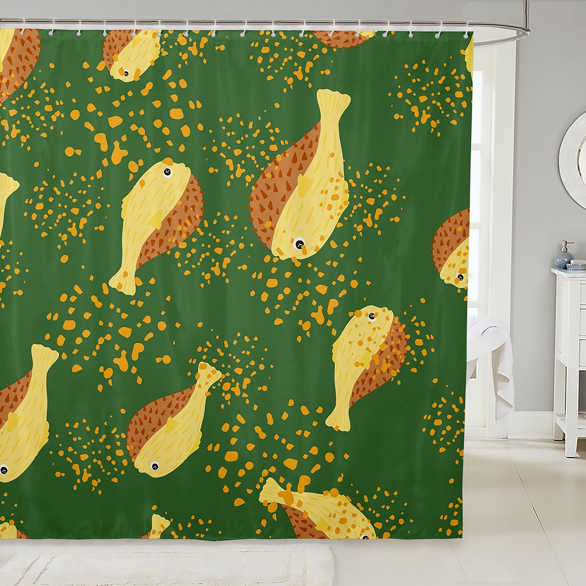 Ocean Life Fabric Shower Curtain 72"Wx72"L,Cartoon Doodle Puffer Fish ...