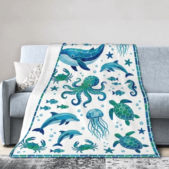Ocean Life Mosaic Blue Flannel Throw Blanket, Whale Dolphin Octopus Sea ...
