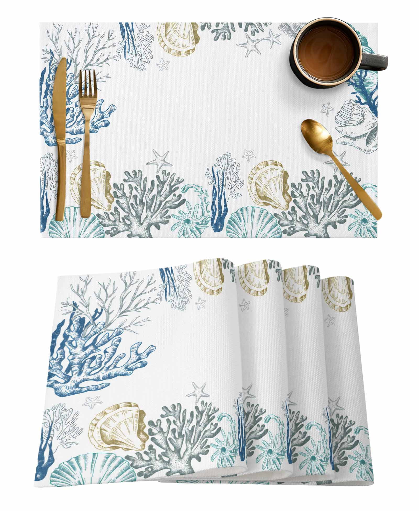 Ocean Life Placemats Set of 1 Light Yellow Shell Navy Coral Starfish ...
