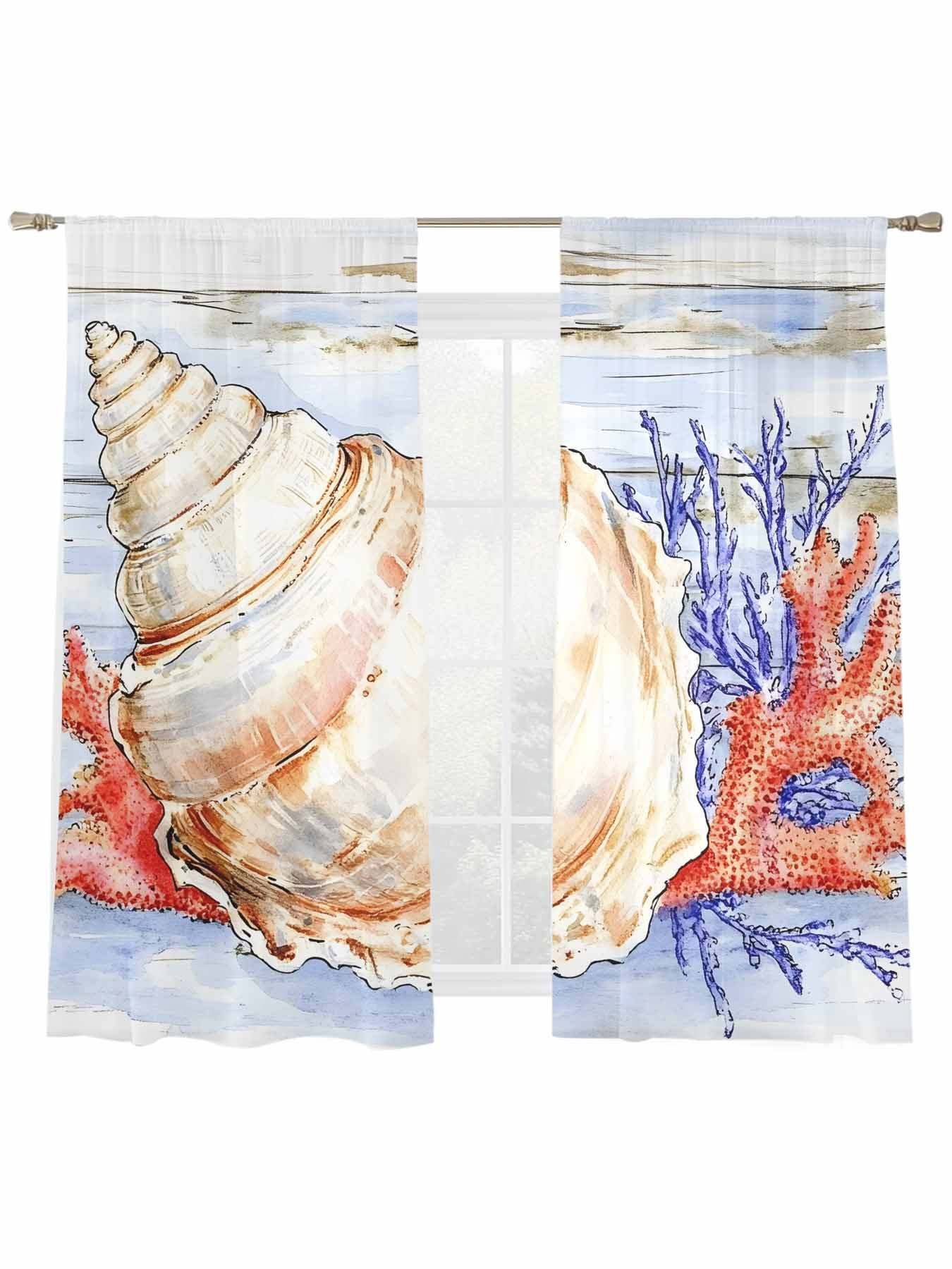 Ocean Life Sheer Curtains 72 Inch Long 2 Panels, Marine Coral Shell ...