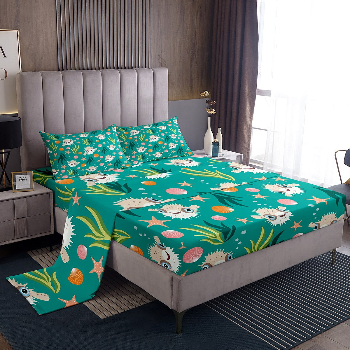 Ocean Life Sheets Queen Size,Cute Cartoon Sea Animal Pufferfish Bed ...