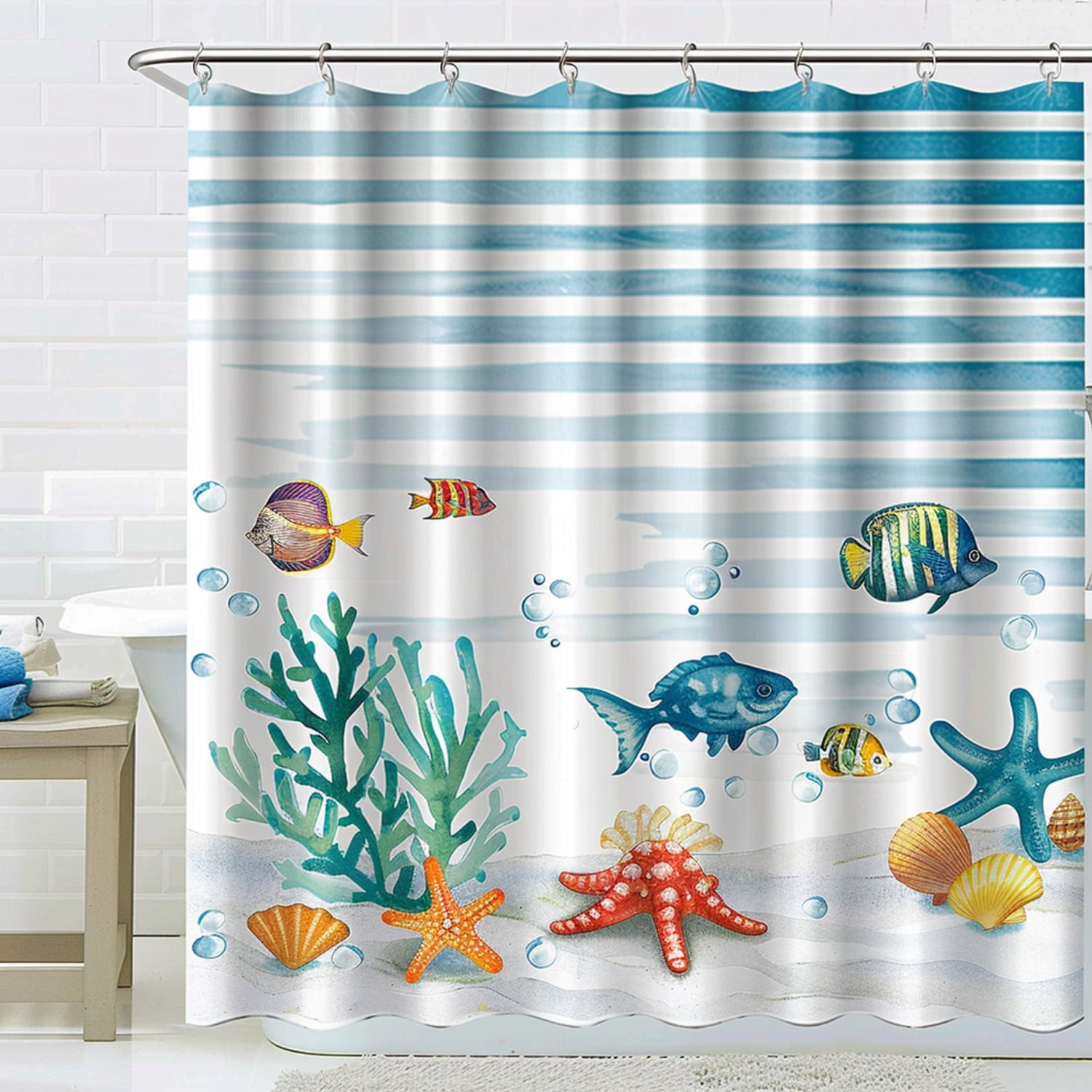Ocean Life Watercolor Stripes Shower Curtain Underwater Theme Bathroom