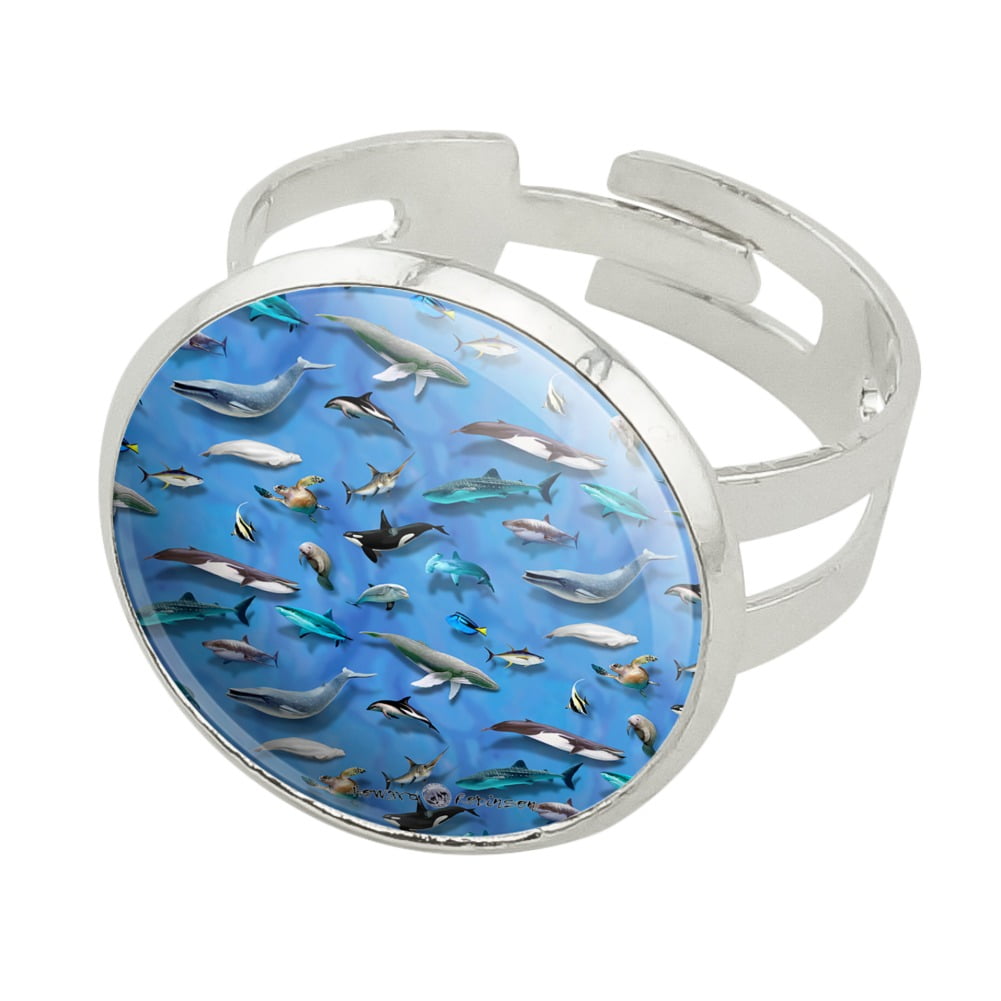 Ocean Life Whale Dolphin Manatee Shark Pattern Silver Plated Adjustable ...