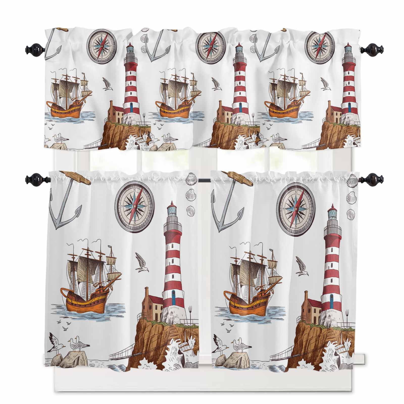 Ocean Lighthouse Seagull Kitchen Curtains Valance and Tier Set Vintage ...