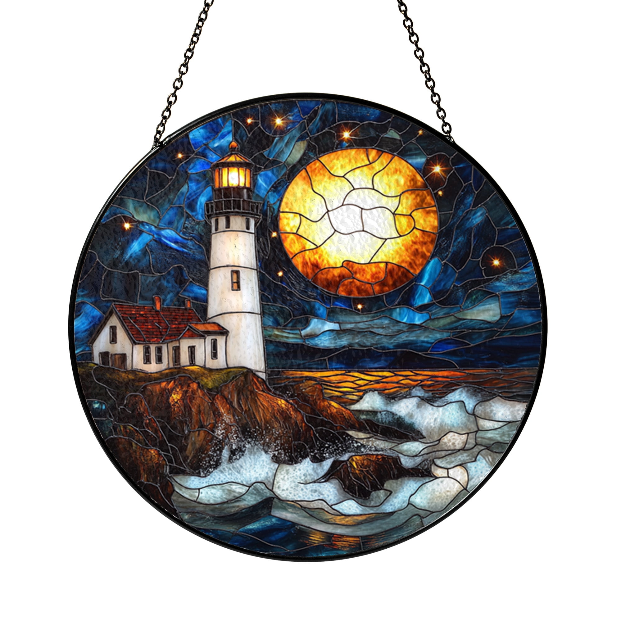 Ocean Lighthouse Window Suncatcher Stained Glass Style Decor, Coastal ...