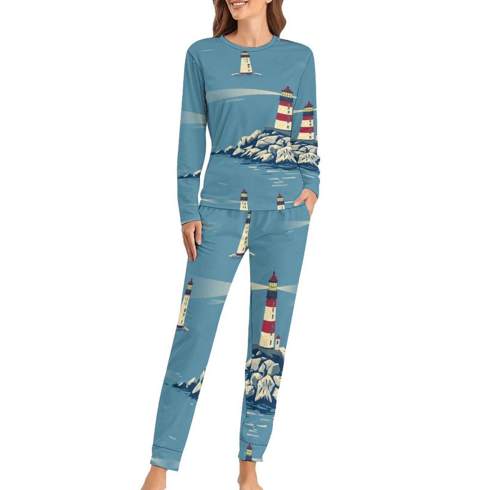 Ocean Lighthouses Pattern Pajamas Woman Two Piece Design Long Sleeves ...
