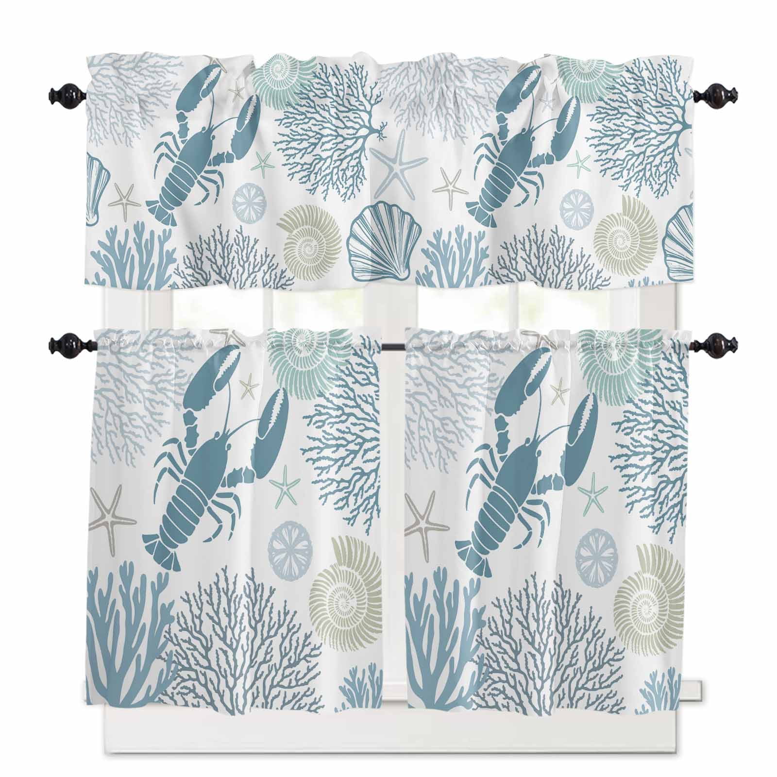 Ocean Lobster Kitchen Curtains Set for Windows 3 Pieces,24 Inch Length Tier and Valance,Blue ...