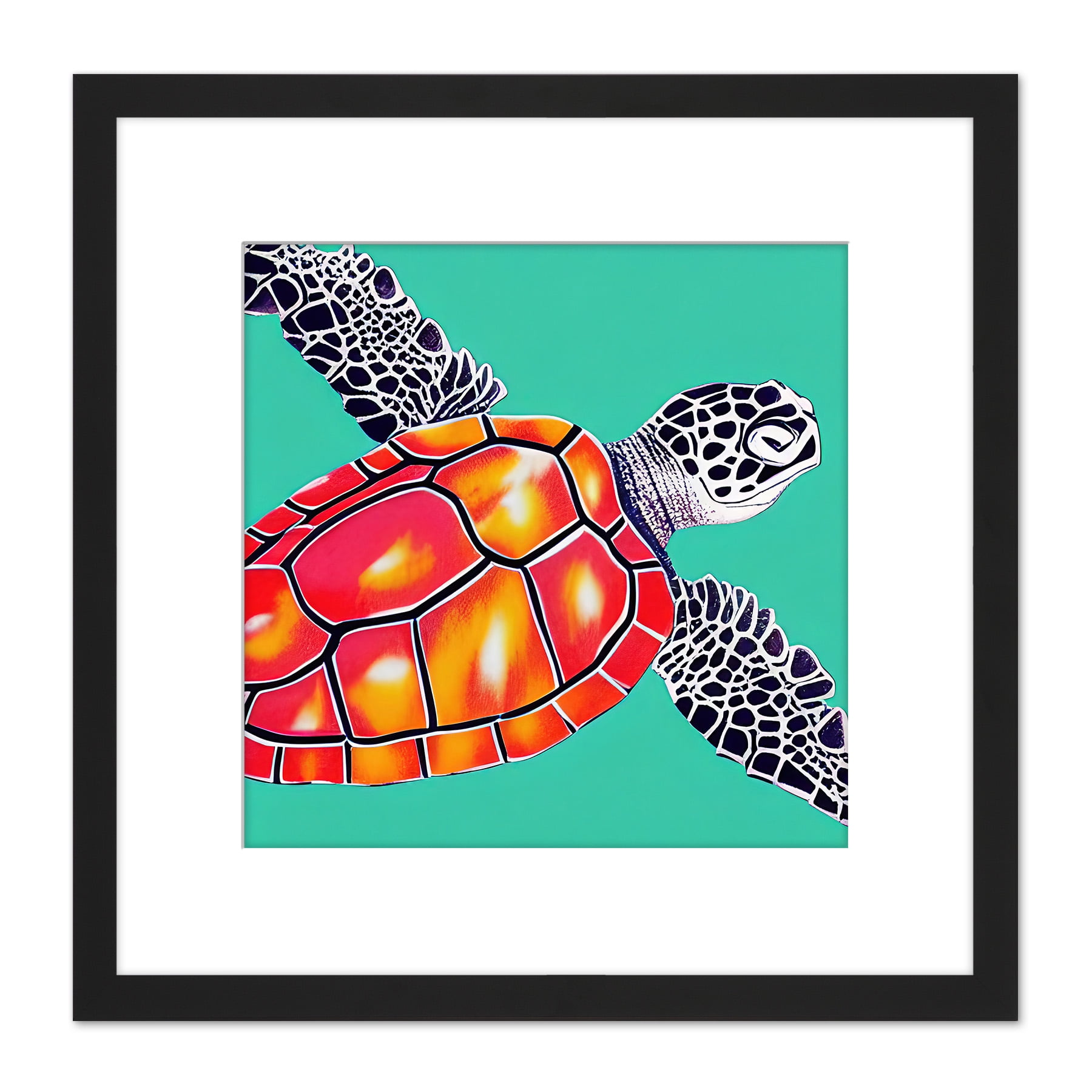 Ocean Loggerhead Turtle Red Shell Watercolour Ink Square Wooden Framed ...