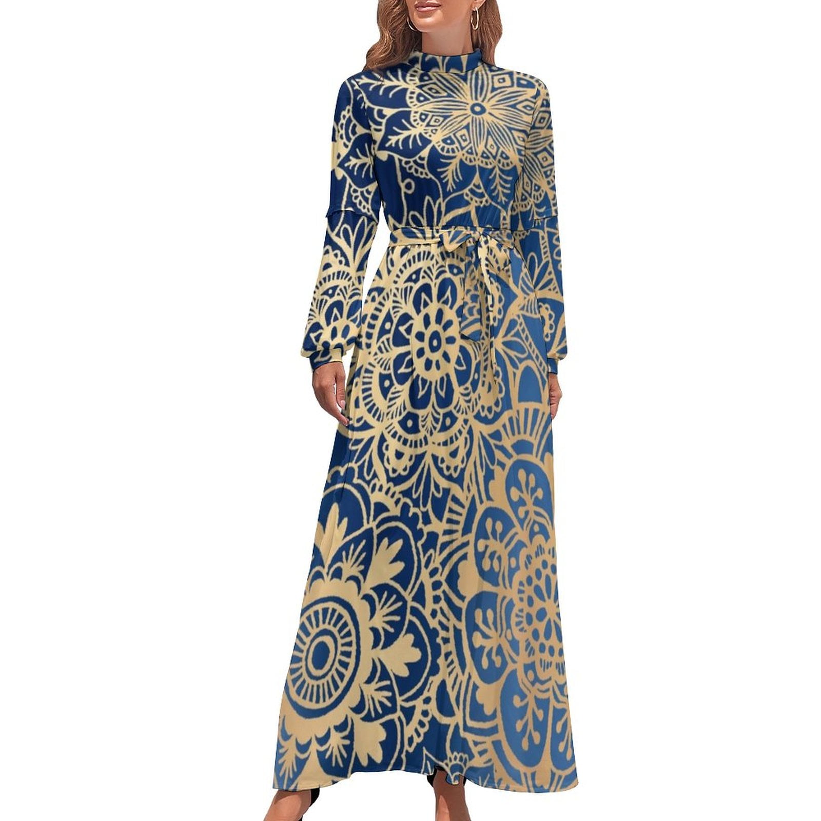 Ocean Mandala Dress Long Sleeve Retro Floral Print Vintage Maxi Dress ...
