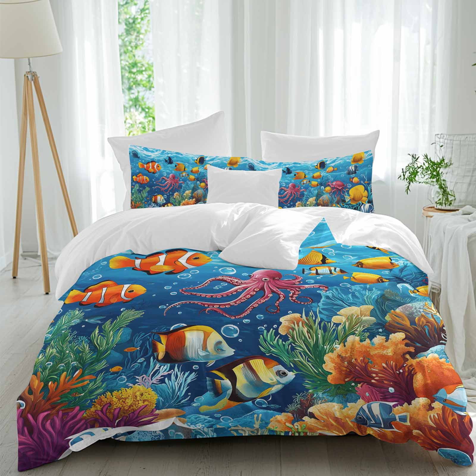 Ocean Marine Duvet Cover Set Queen Size Life Tropical Fish Octopus ...