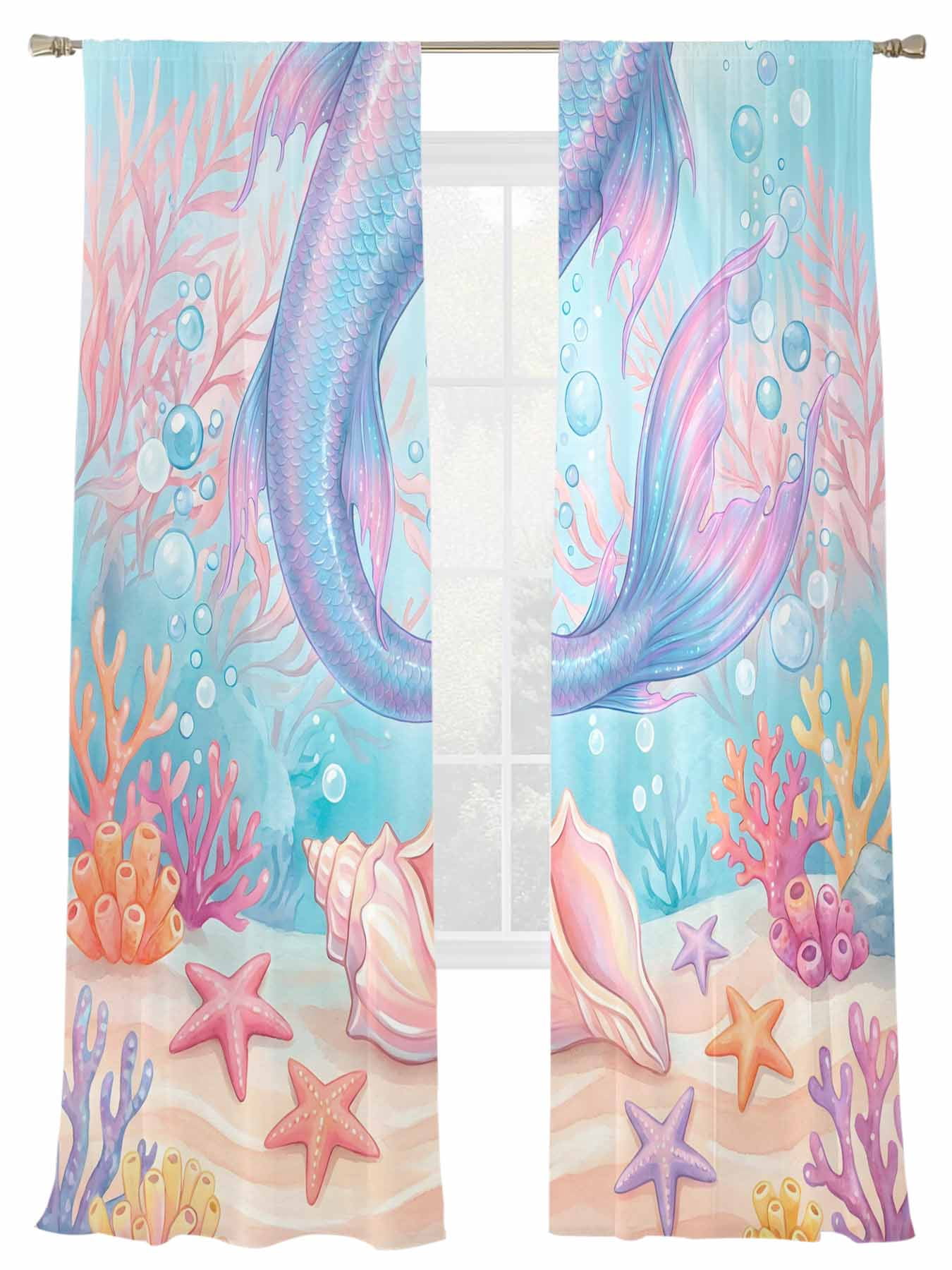 Ocean Marine Life Sheer Curtains 2 Panels Set Watercolor Pink Fish ...